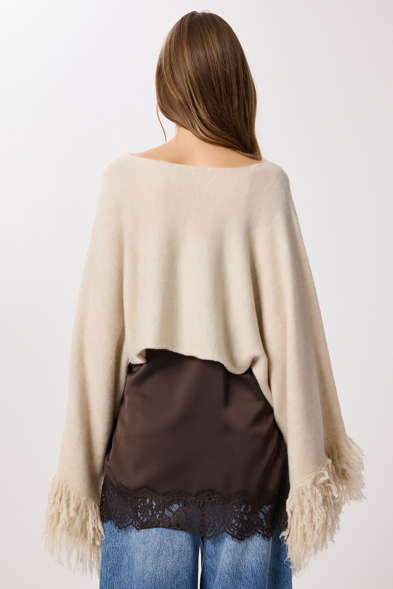 HiCCUP - Stone Natural Istanbul Textured Crop Sweater With Tassels Women