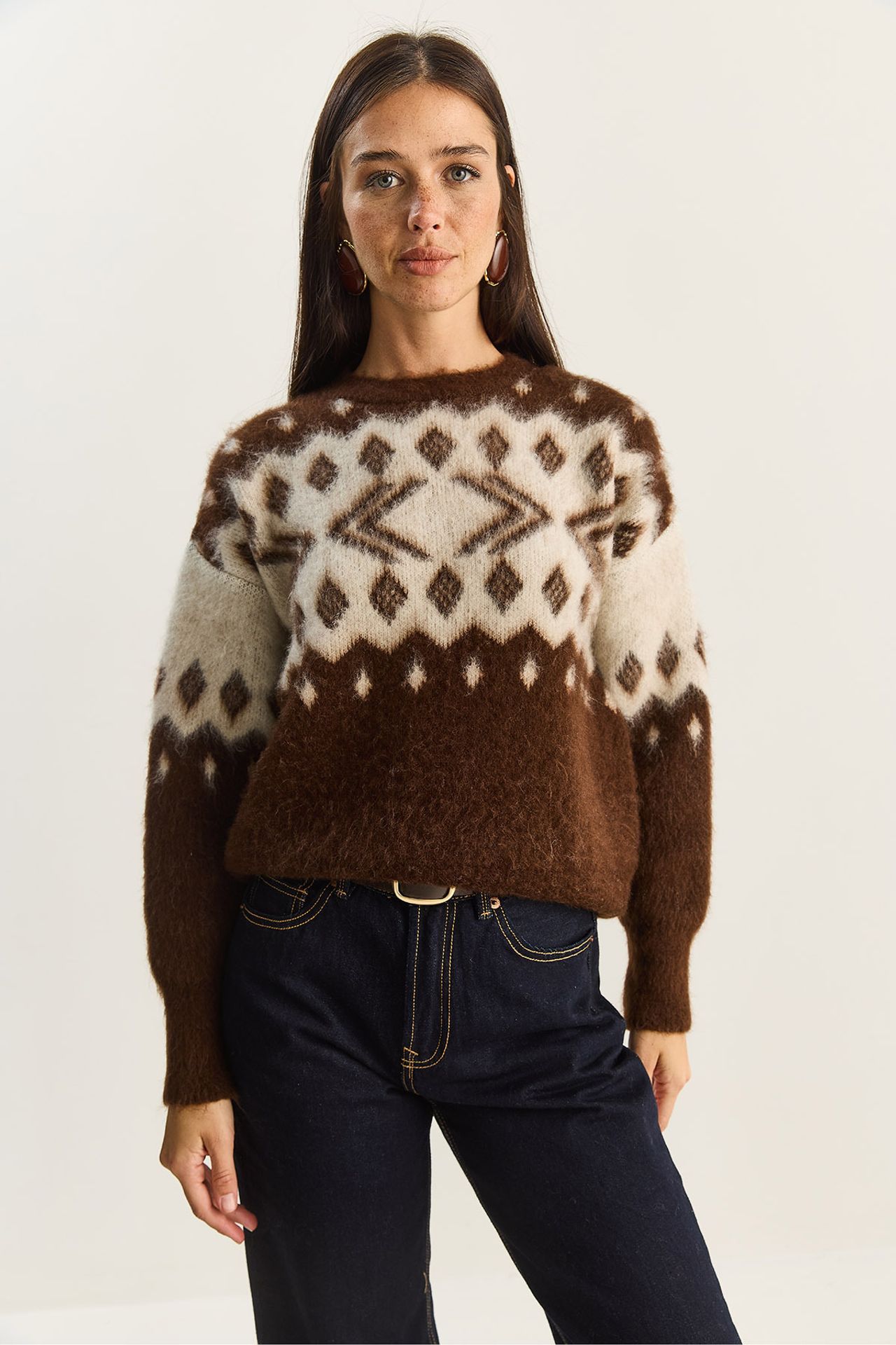 HiCCUP - Natural Lucci Ethnic Pattern Thick Knit Sweater With Crew Neck ...