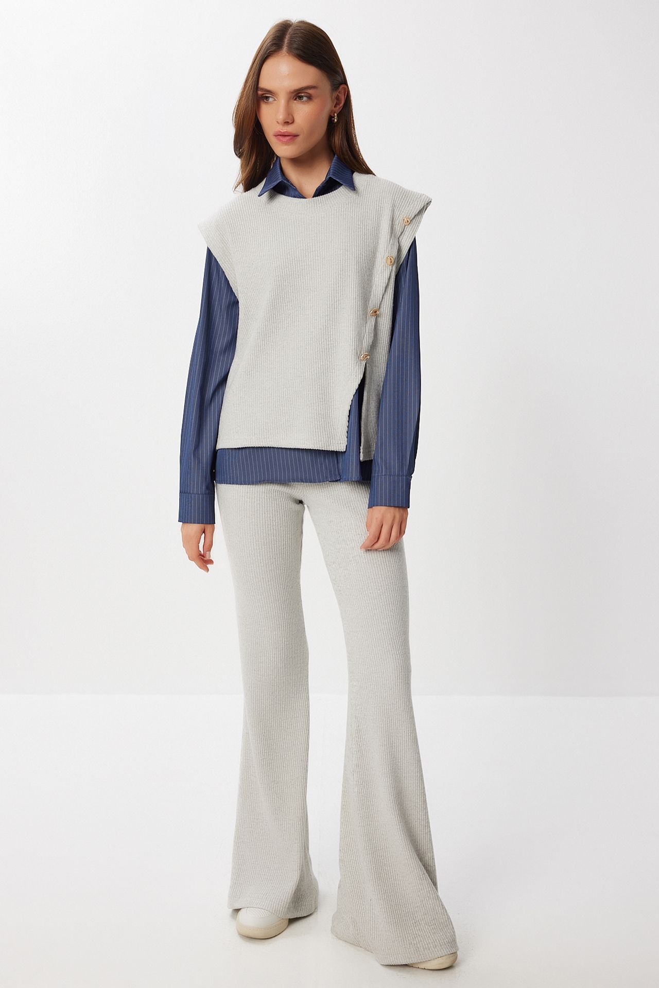 HiCCUP - Grey Istanbul Knitted Vest & Flare Pants Two-piece Set Women