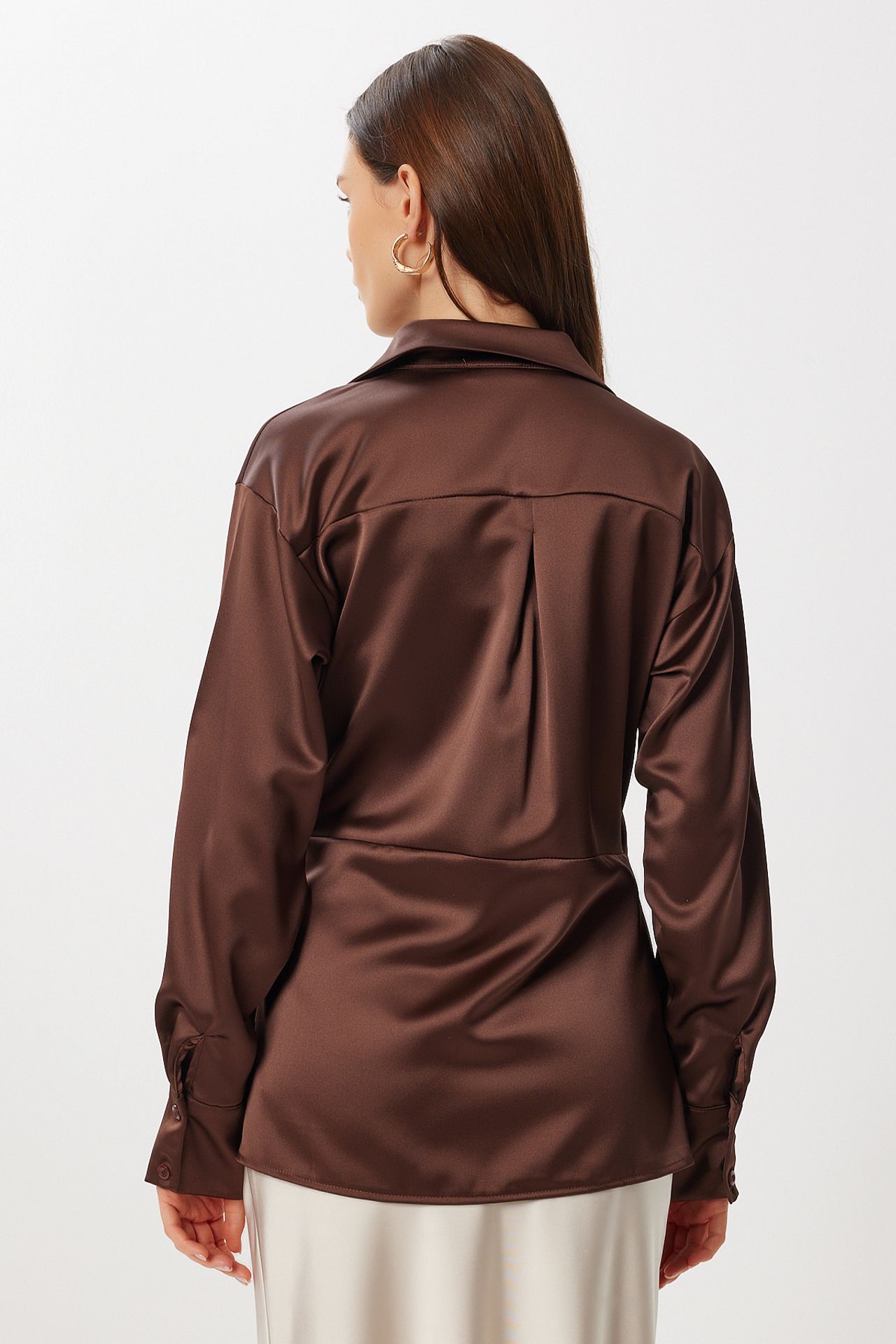 HiCCUP - Mocha Brown Istanbul Double Breasted Satin Tie Blouse Women
