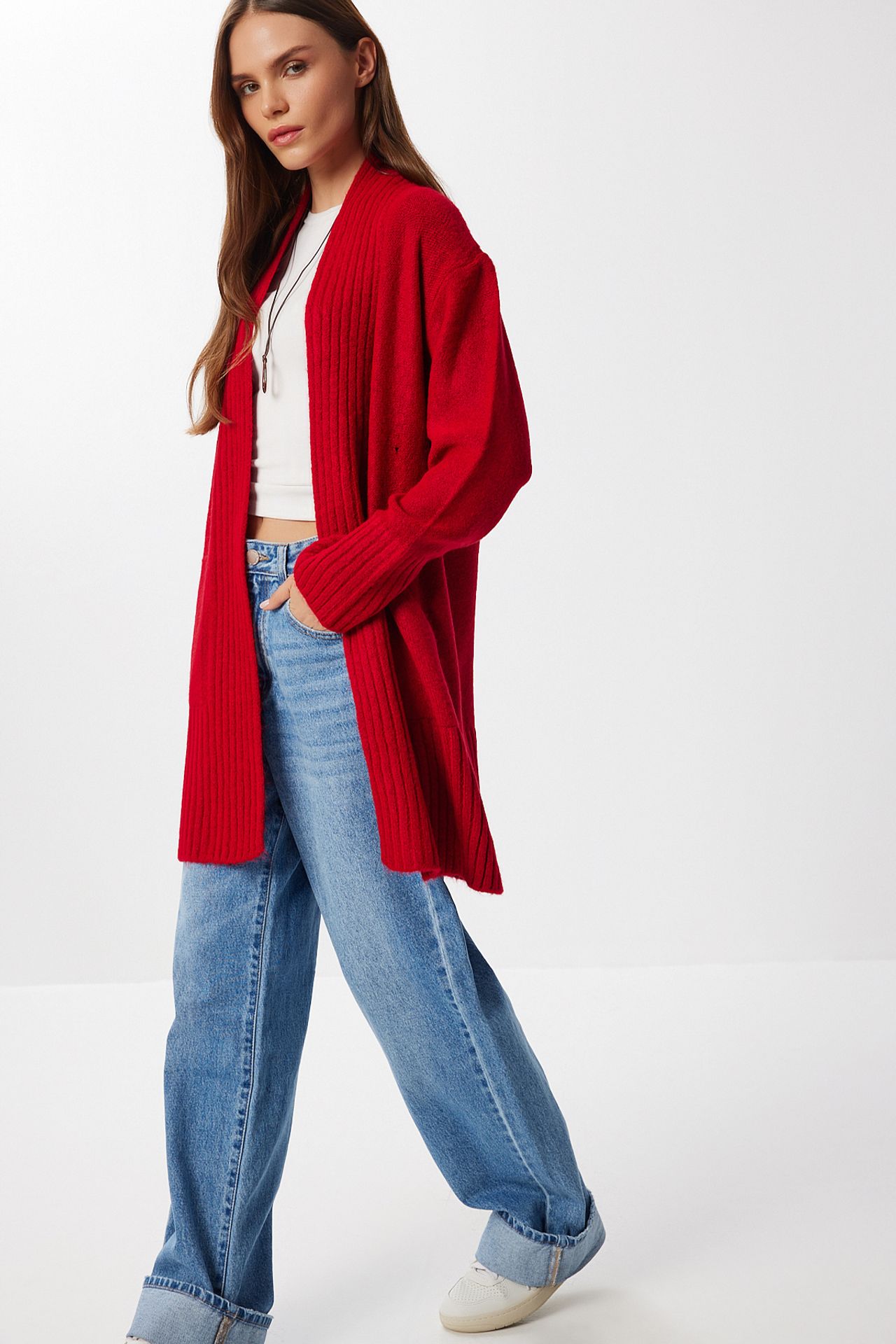 HiCCUP - Red Istanbul Textured Knit Cardigan With Pockets Women