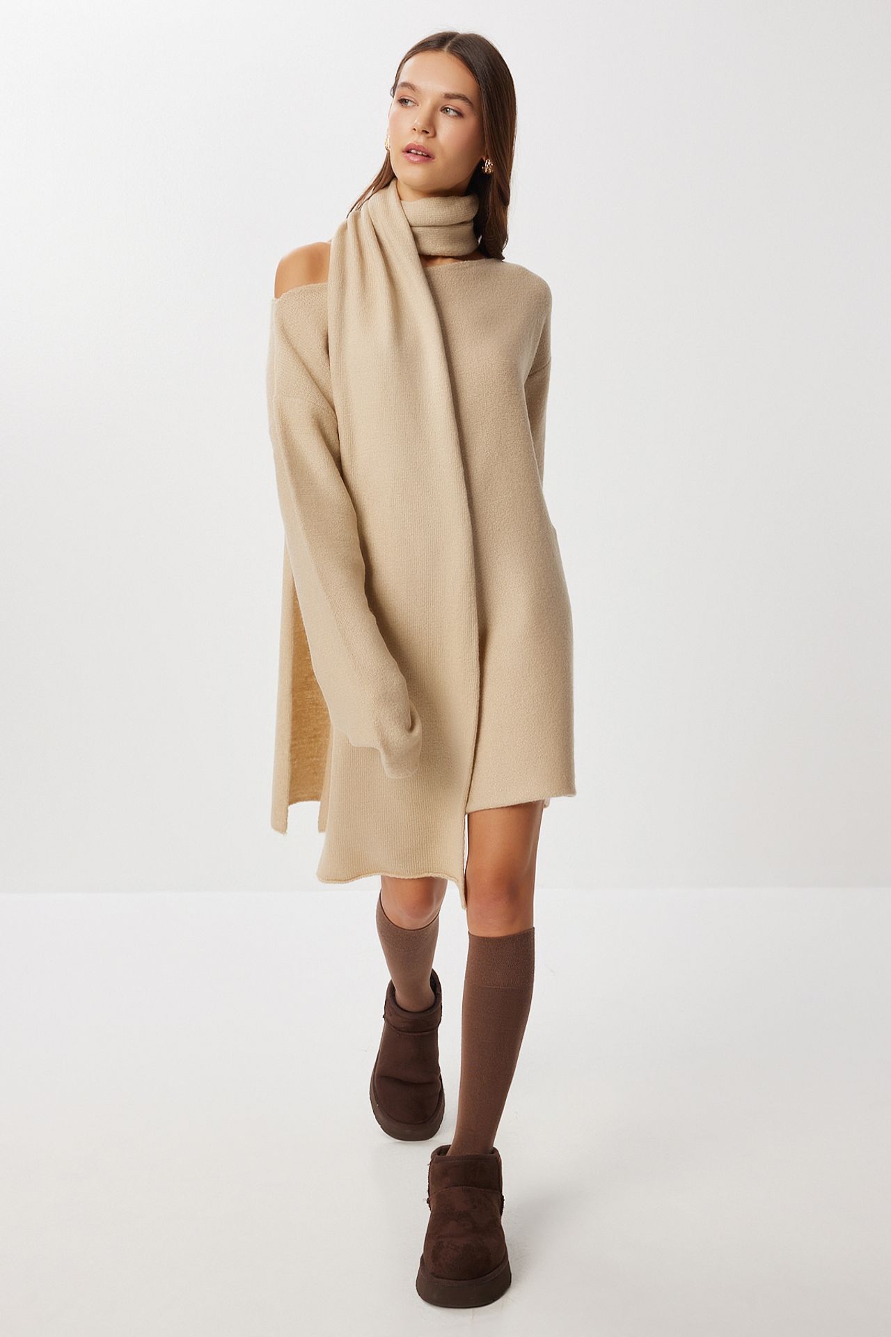 HiCCUP - Beige Natural Istanbul Oversized Boat Neck Sweater With Scarf ...