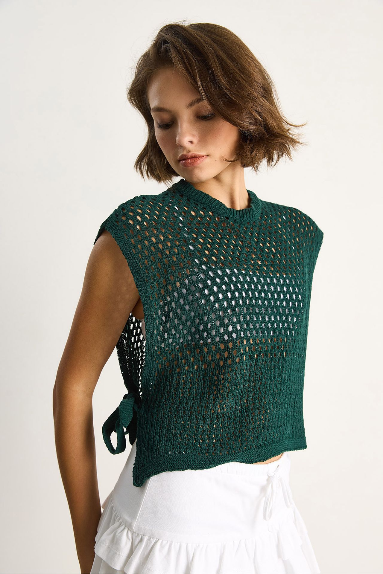 HiCCUP - Green Lucci Textured Loose Fit Crop Sweater Vest With Tie ...