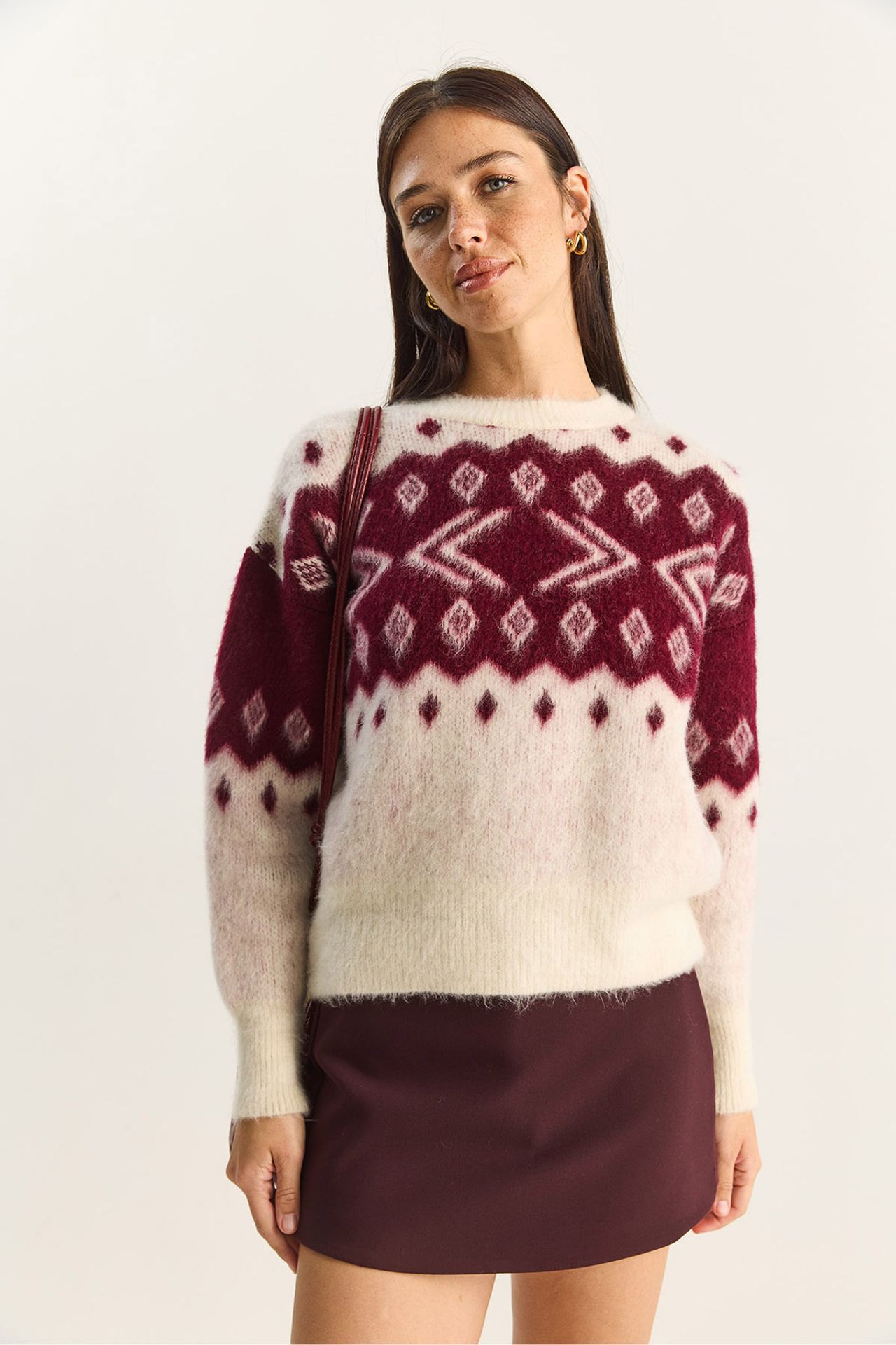 HiCCUP - Red Lucci Ethnic Pattern Thick Knit Sweater With Crew Neck Women