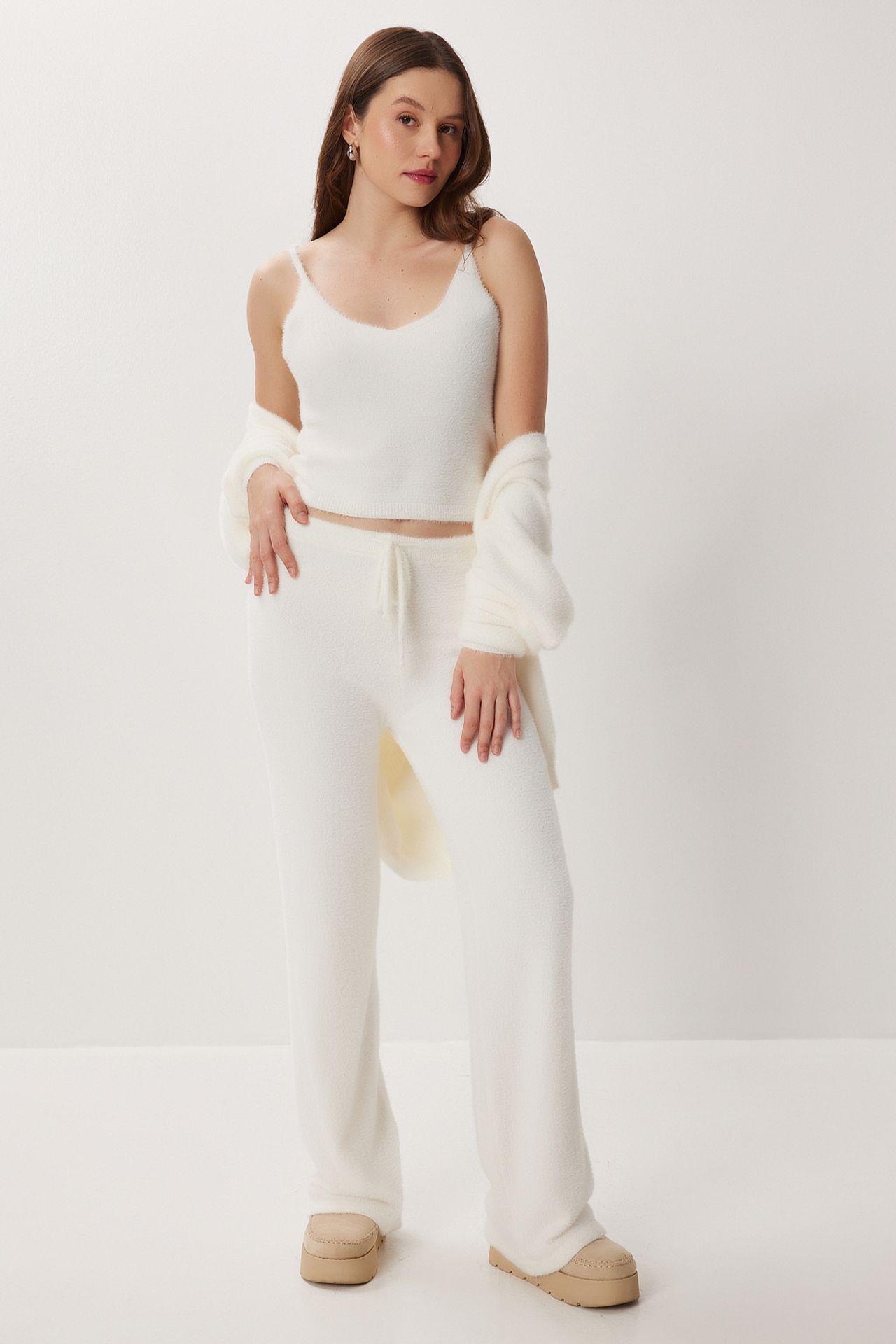 HiCCUP - Ivory Natural Istanbul Soft Textured Knitwear V-neck Cardigan ...