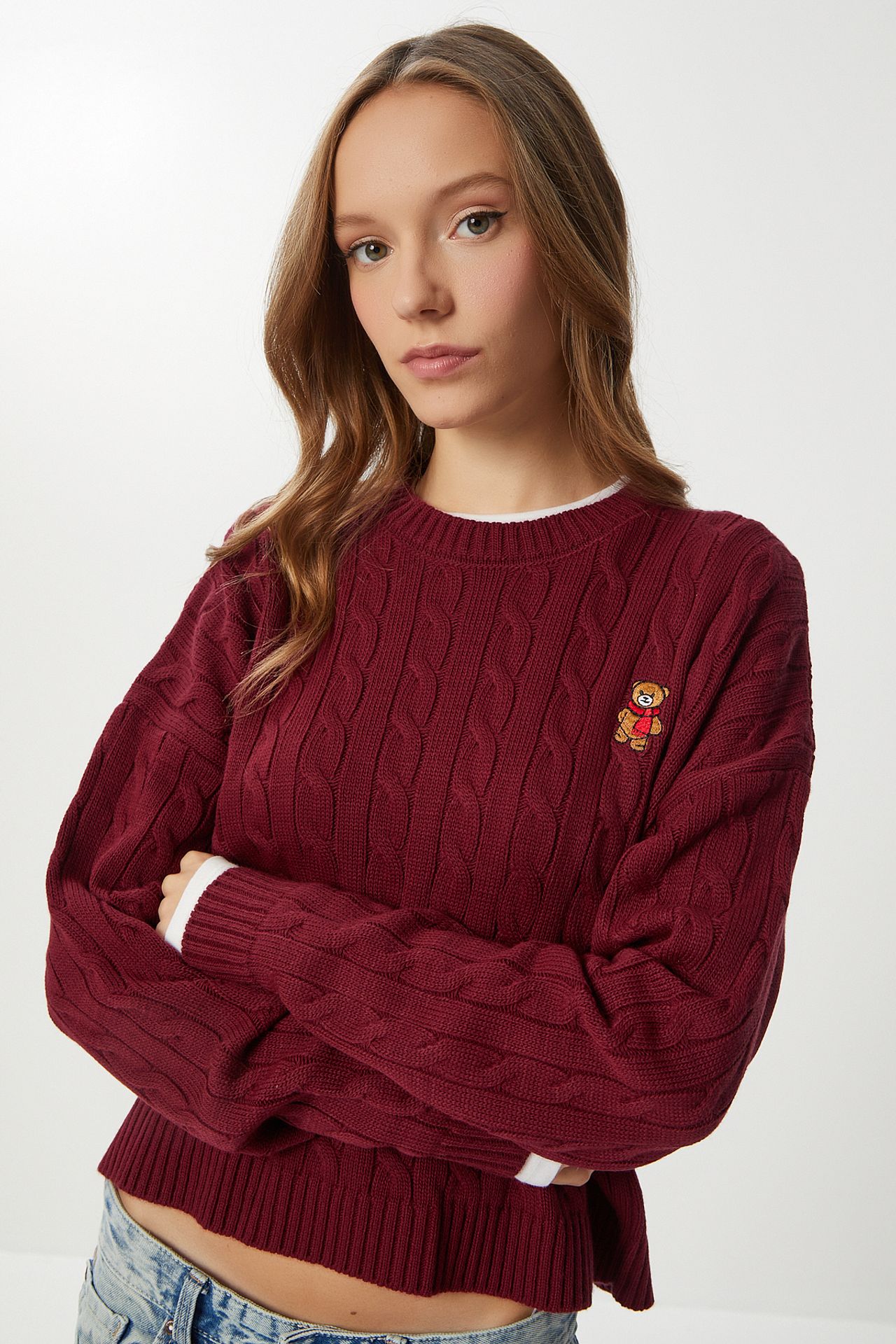 HiCCUP - Burgundy Red Istanbul Embroidered Hair Braid Sweater Women