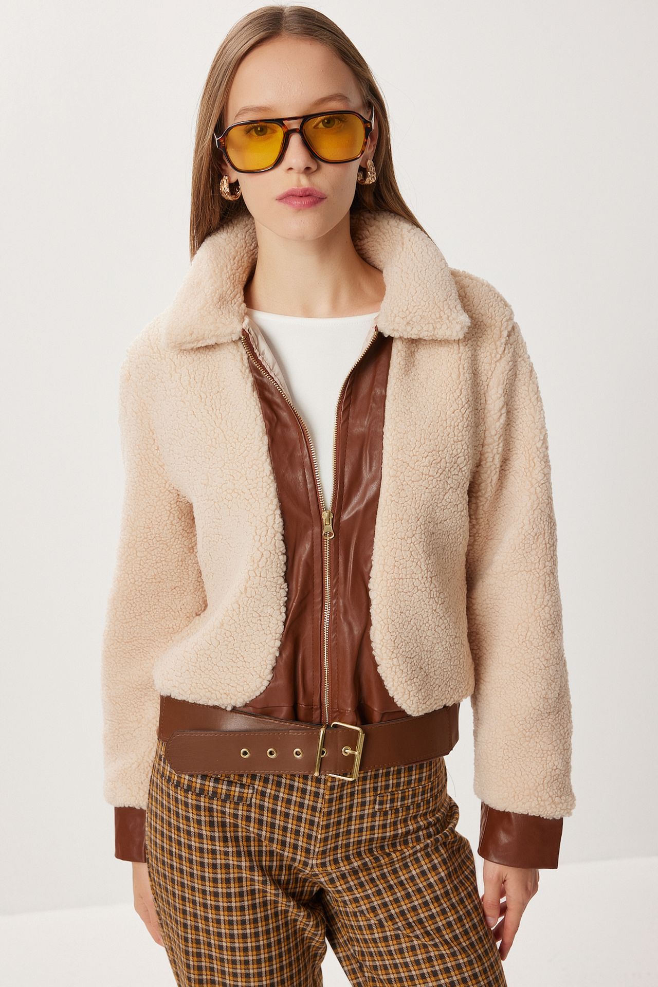 HiCCUP - Beige Natural Istanbul Faux Leather Detailed Plush Jacket Women