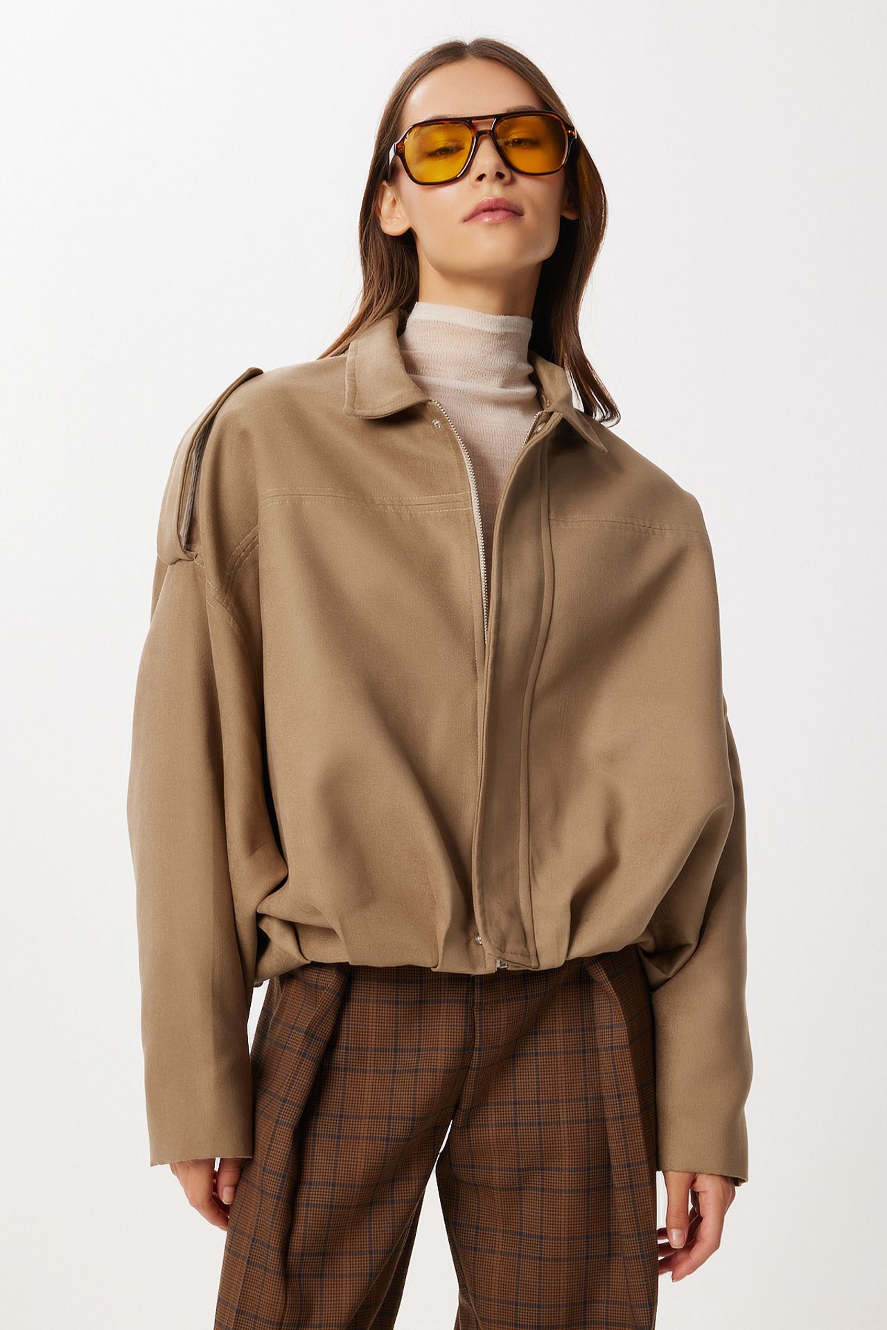 HiCCUP - Beige Natural Istanbul Suede Bomber Jacket With Zipper Closure ...