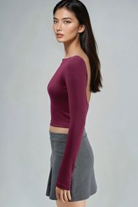 HiCCUP - Burgundy Red Busem Slim Fit Cropped Blouse With Back Cut-out Women