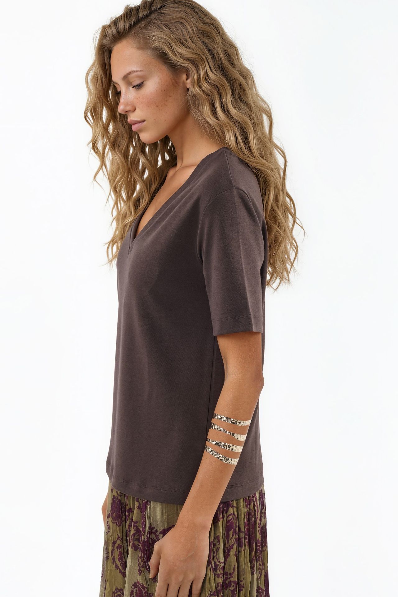HiCCUP - Coffee Brown Busem V-neck Solid Regular Fit Cotton T-shirt Women