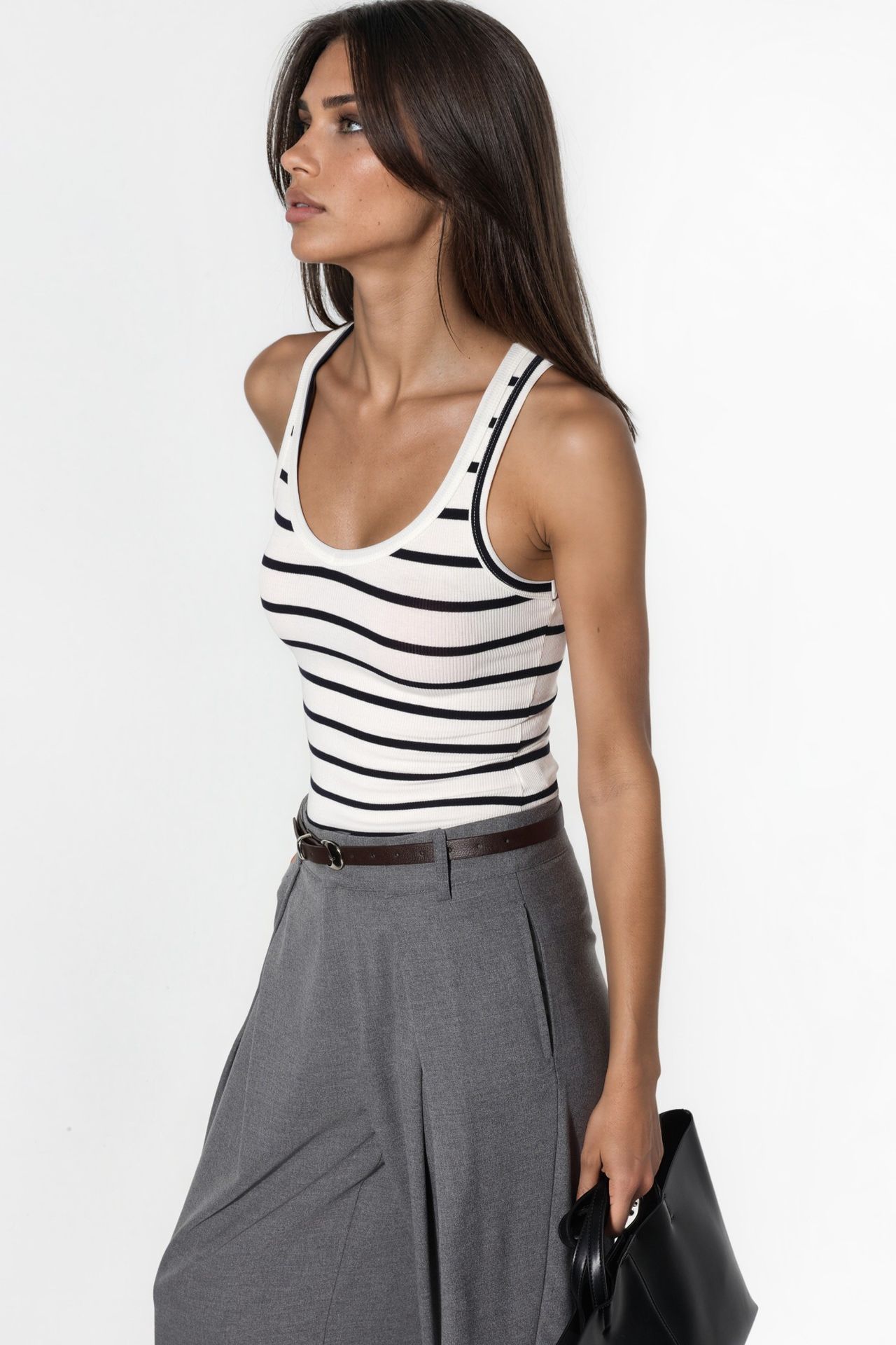HiCCUP - White Busem Fitted Striped Ribbed U Collar Tank Top Women