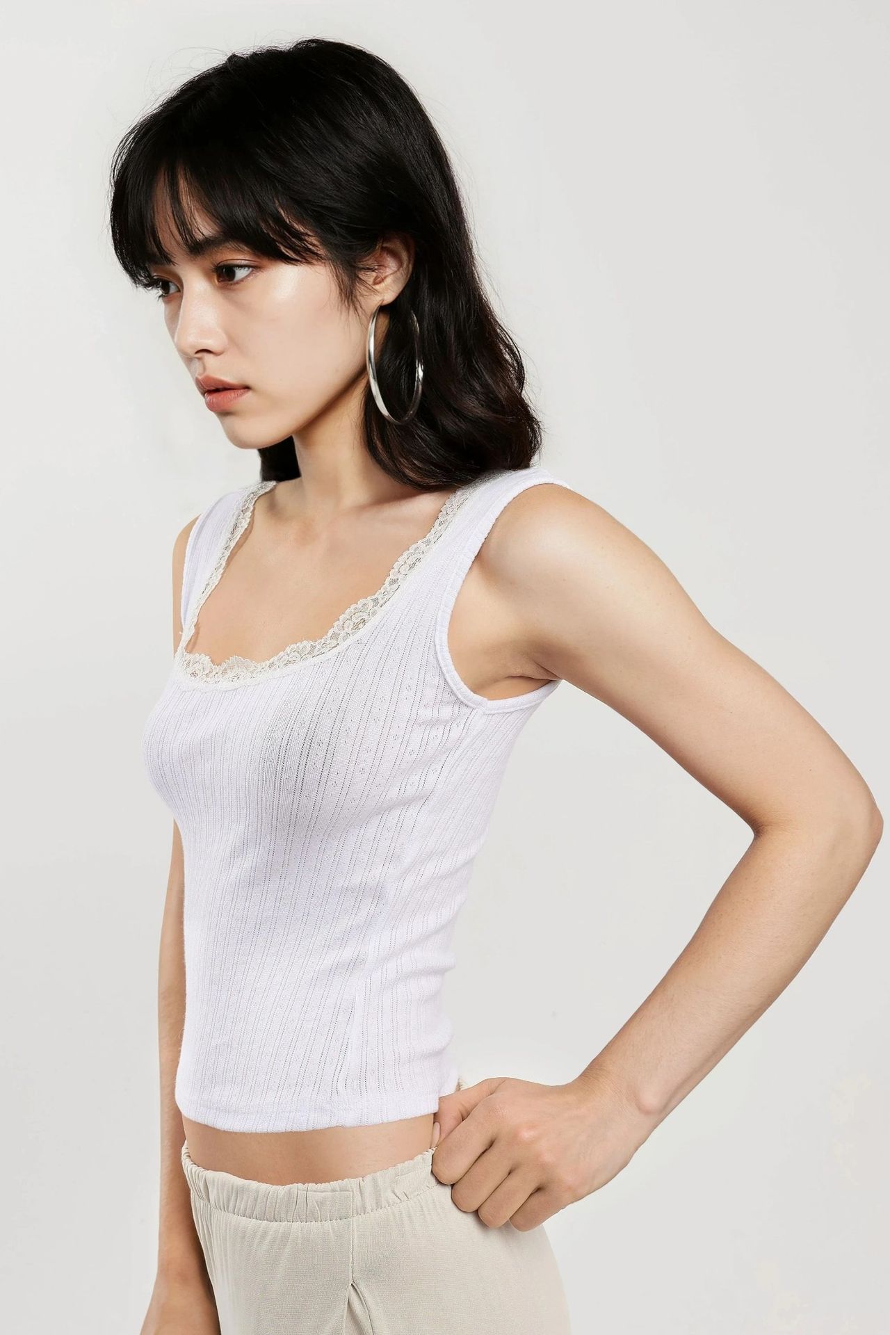 HiCCUP - White Busem Lace Detail U Collar Tank Top Women