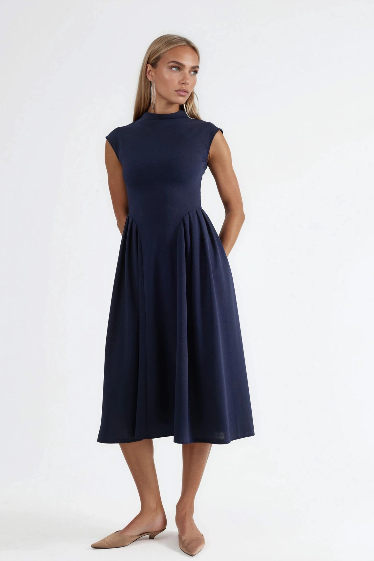HiCCUP - Navy Blue Busem Textured Paneled Midi Dress Women