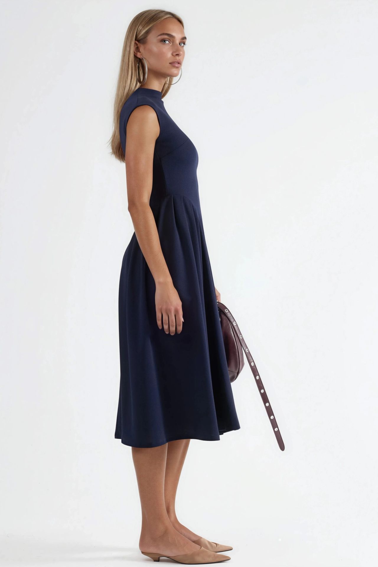 HiCCUP - Navy Blue Busem Textured Paneled Midi Dress Women