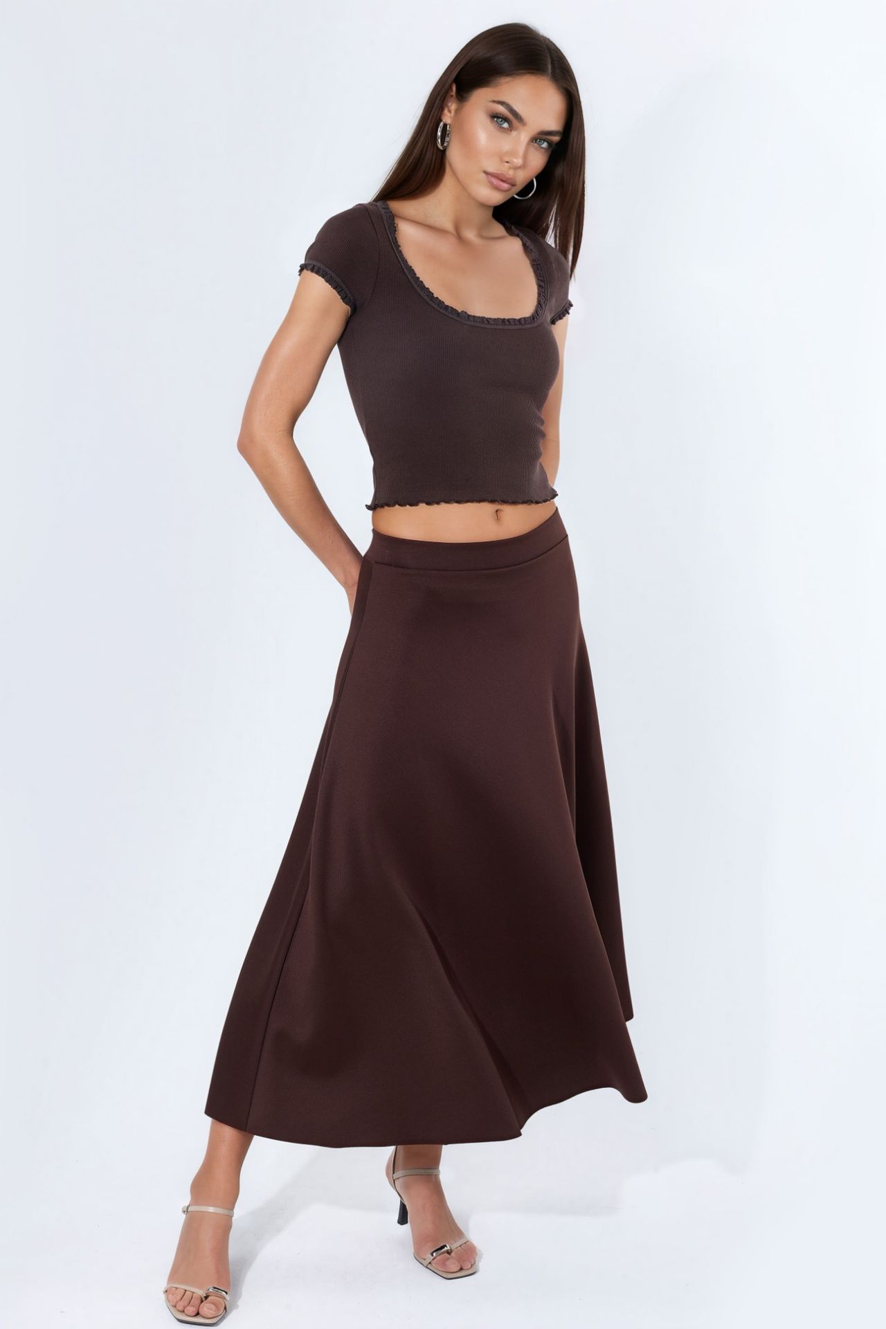 HiCCUP - Coffee Brown Busem Slim Fit U Neck Ribbed Blouse Women