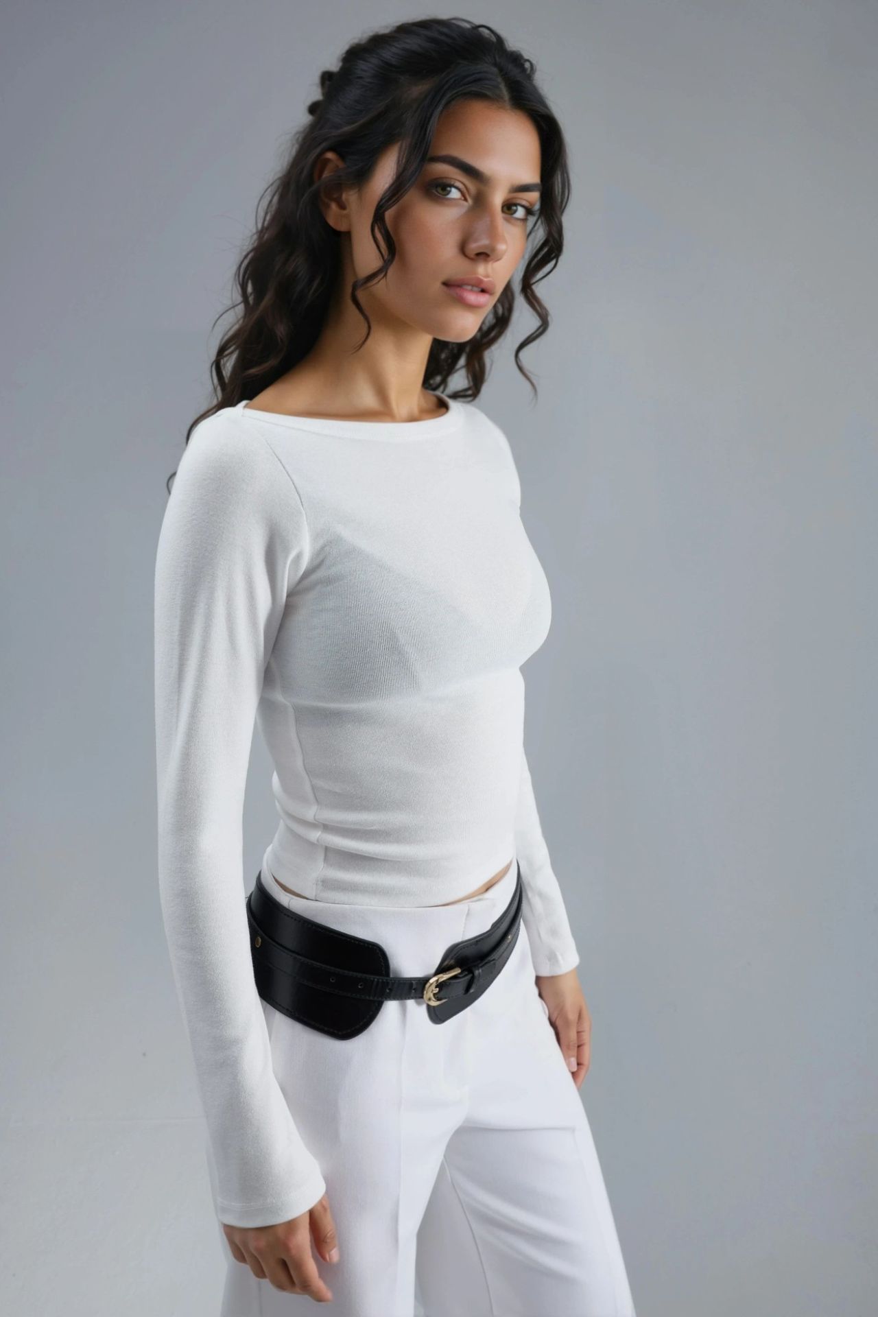 HiCCUP - White Busem Slim Fit Ribbed Boat Neck Blouse Women