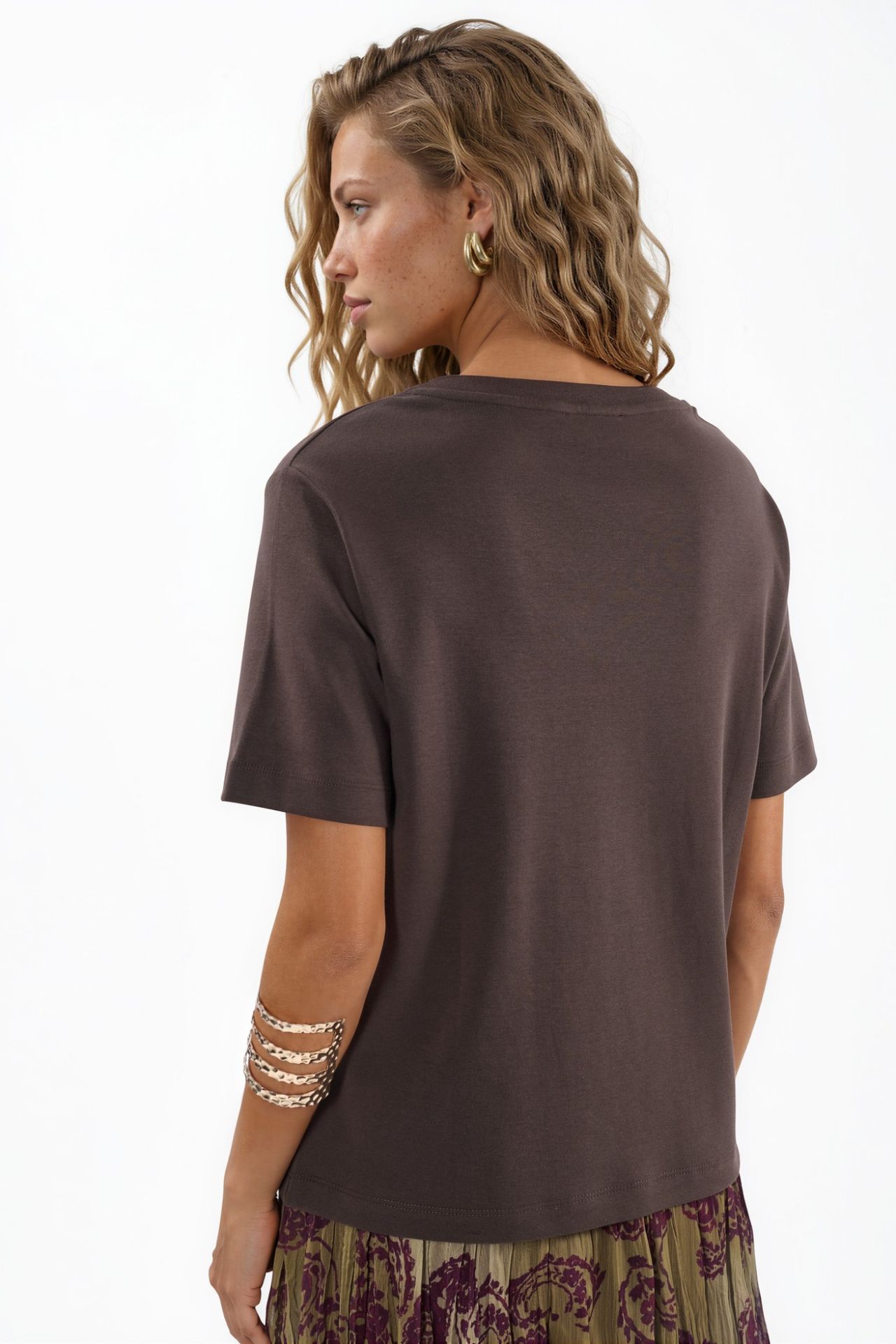 HiCCUP - Coffee Brown Busem V-neck Solid Regular Fit Cotton T-shirt Women