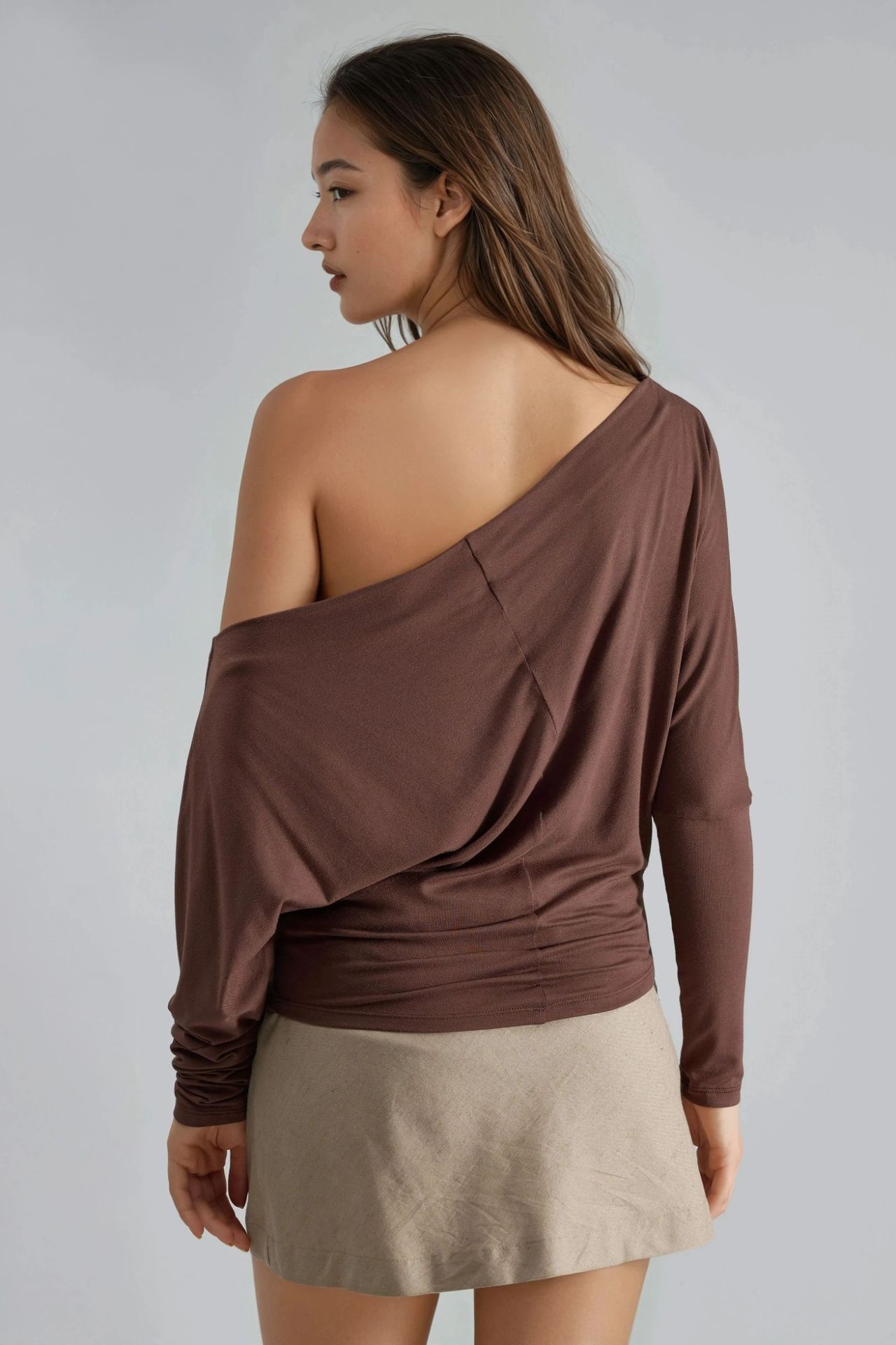 HiCCUP - Coffee Brown Busem Boat Neck Drape Blouse Women