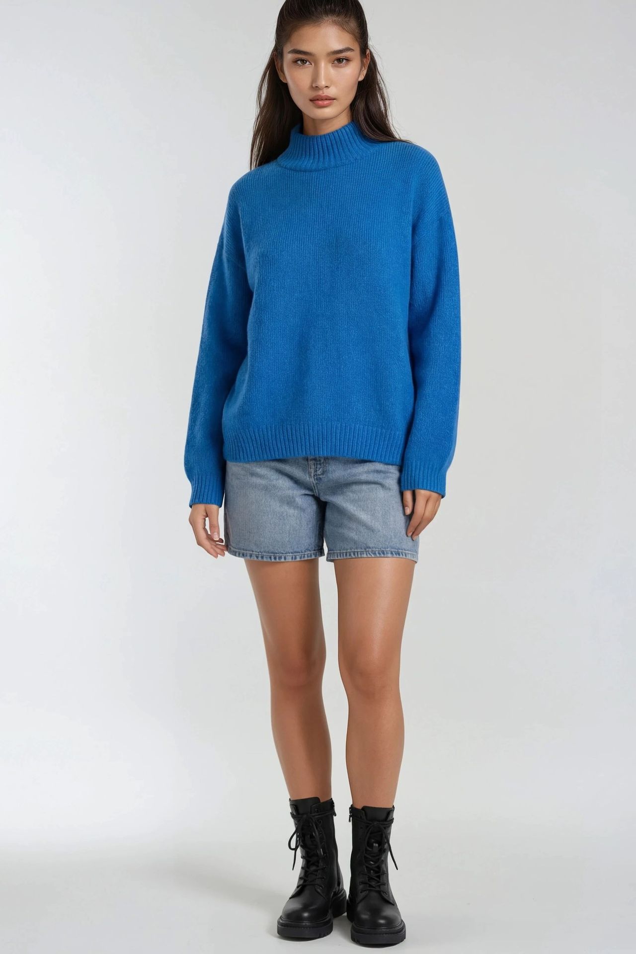 HiCCUP - Cerulean Blue Mixray Relaxed Fit Crew Neck Thick Knit Sweater ...