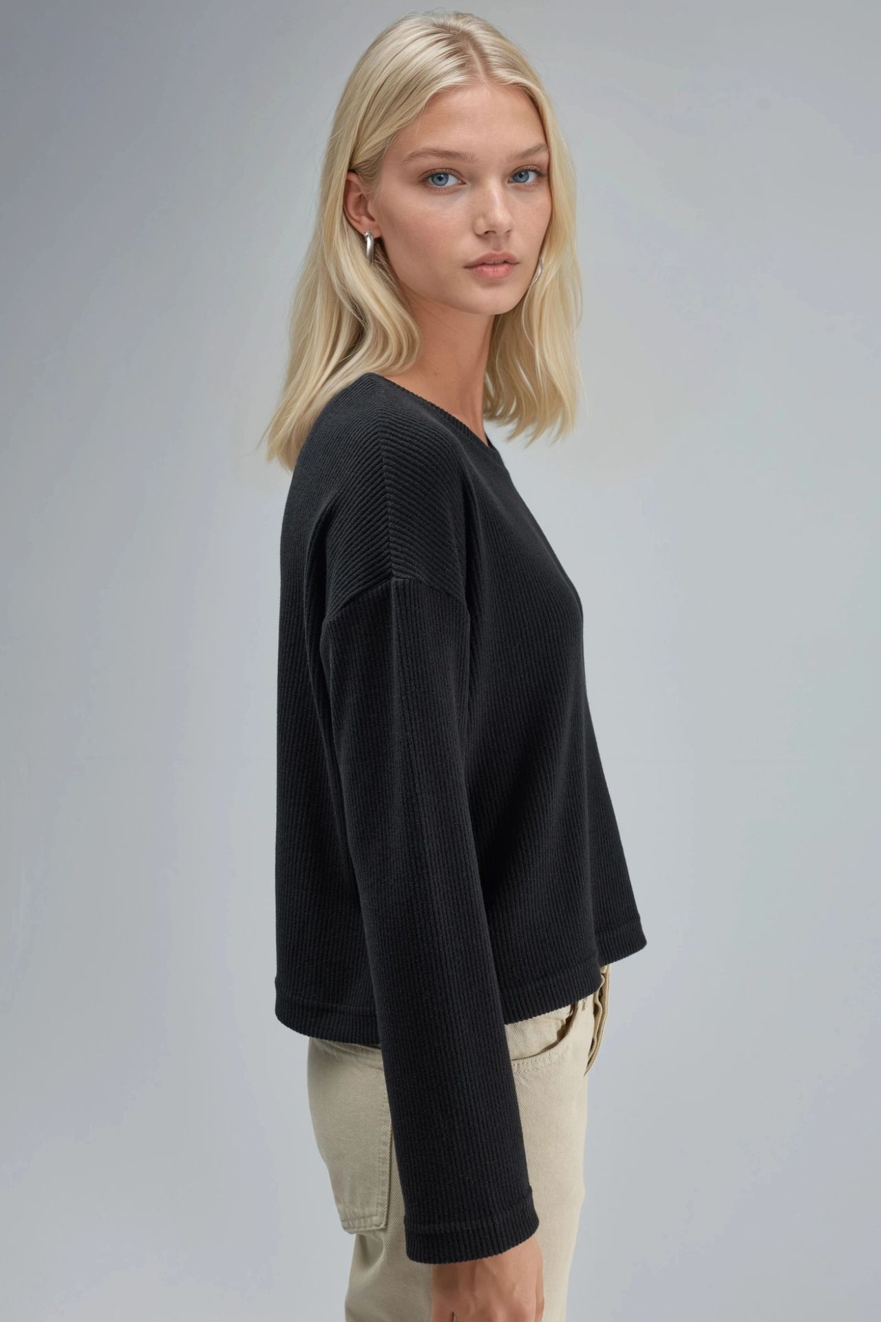 HiCCUP - Black Busem Ribbed Crew Neck Knit Sweater Women