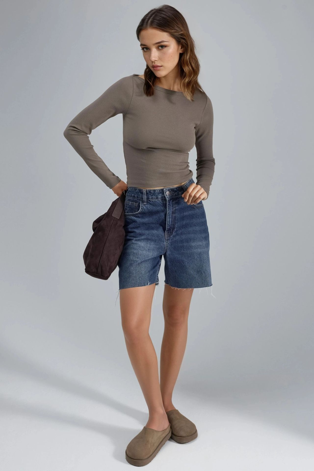 HiCCUP - Coffee Brown Busem Slim Fit Ribbed Boat Neck Blouse Women