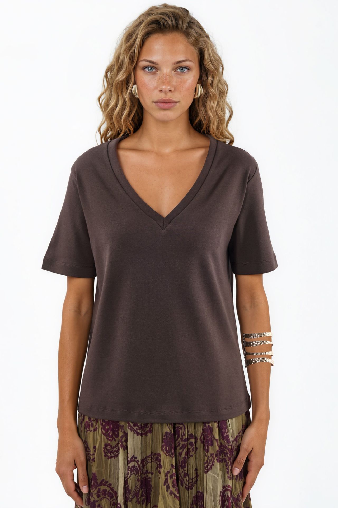 HiCCUP - Coffee Brown Busem V-neck Solid Regular Fit Cotton T-shirt Women
