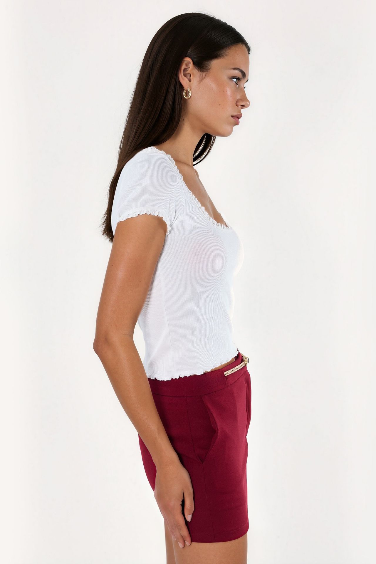 HiCCUP - White Busem Slim Fit U Neck Ribbed Blouse Women