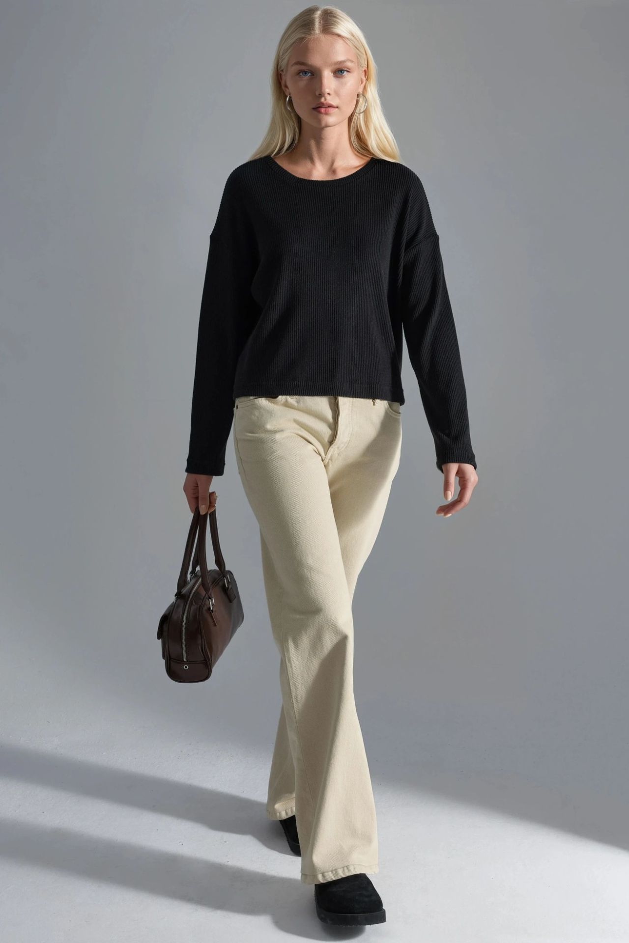 HiCCUP - Black Busem Ribbed Crew Neck Knit Sweater Women