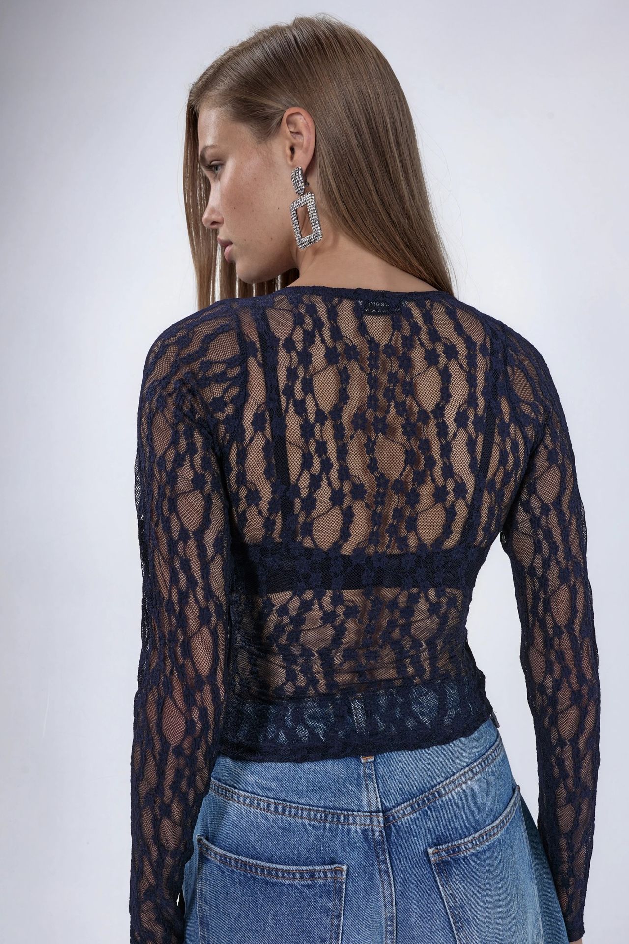 HiCCUP - Navy Blue Busem Crop Lace V-neck Blouse With Tie Detail Women