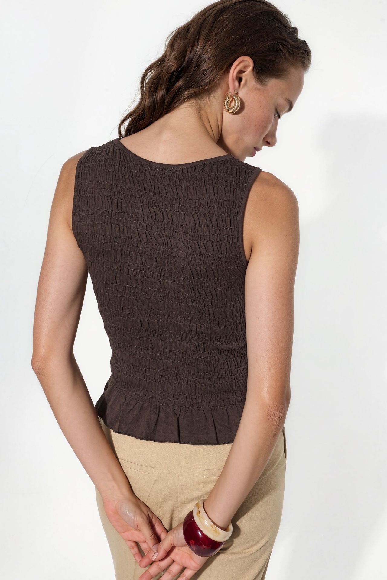 HiCCUP - Coffee Brown Busem Textured Frilly Shell Top Women
