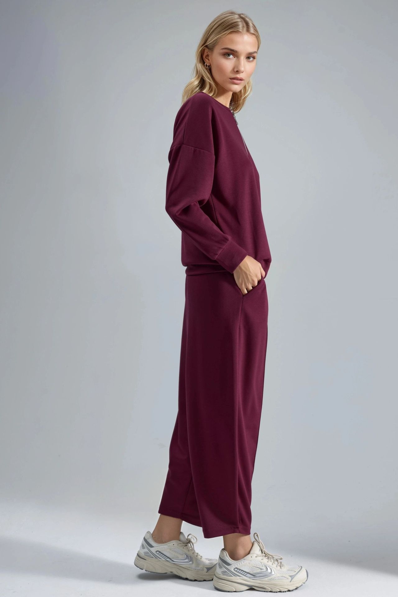 HiCCUP - Burgundy Red Modal Touch Zipper Collar Two-piece Set Bersan ...