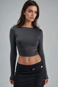 HiCCUP - Dark Grey Busem Slim Fit Cropped Blouse With Back Cut-out Women