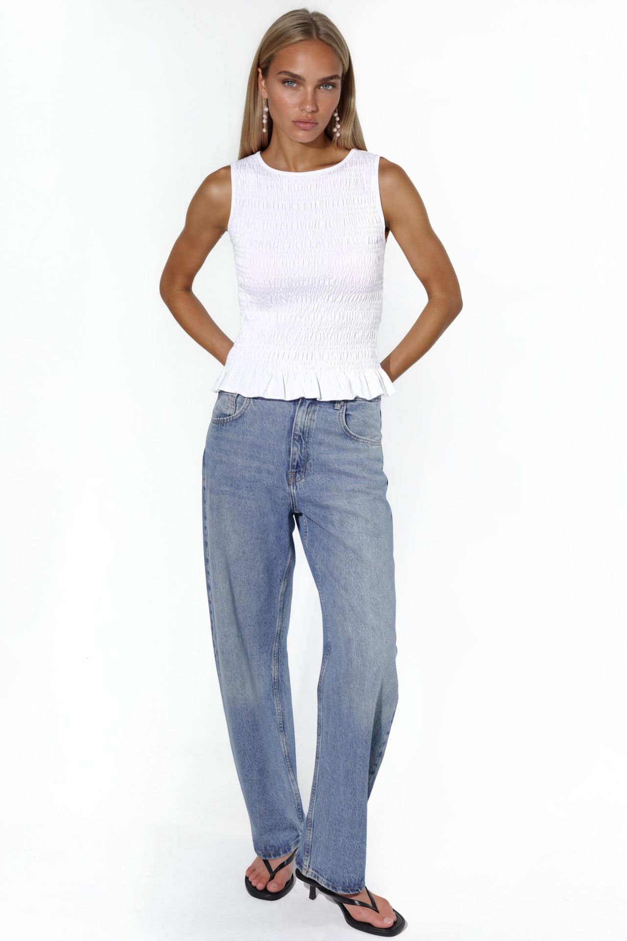 HiCCUP - White Busem Textured Frilly Shell Top Women