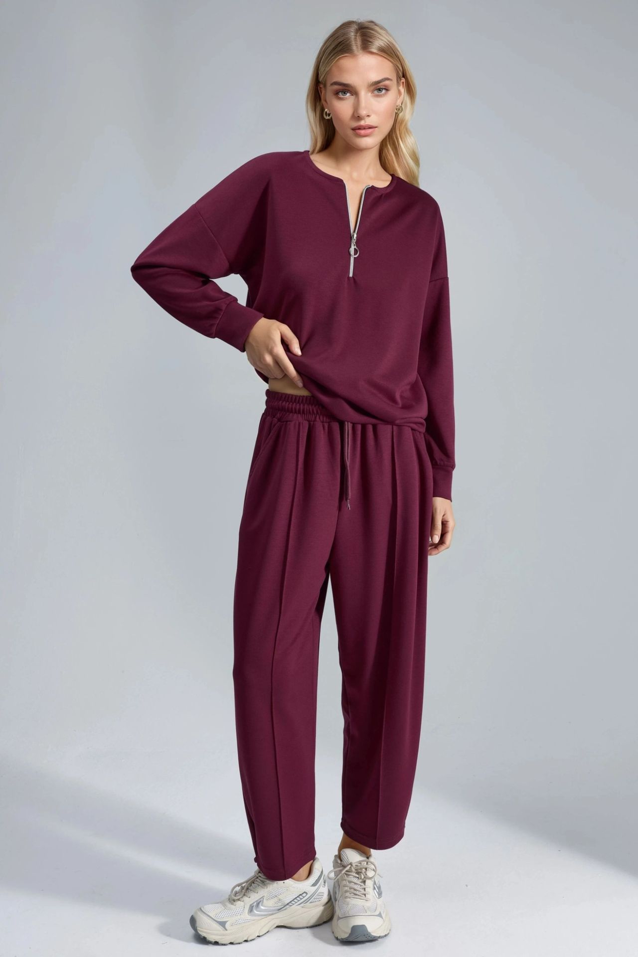 HiCCUP - Burgundy Red Modal Touch Zipper Collar Two-piece Set Bersan ...