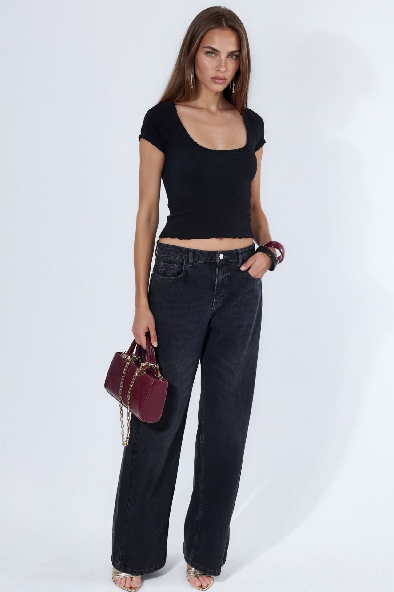 HiCCUP - Black Busem Slim Fit U Neck Ribbed Blouse Women