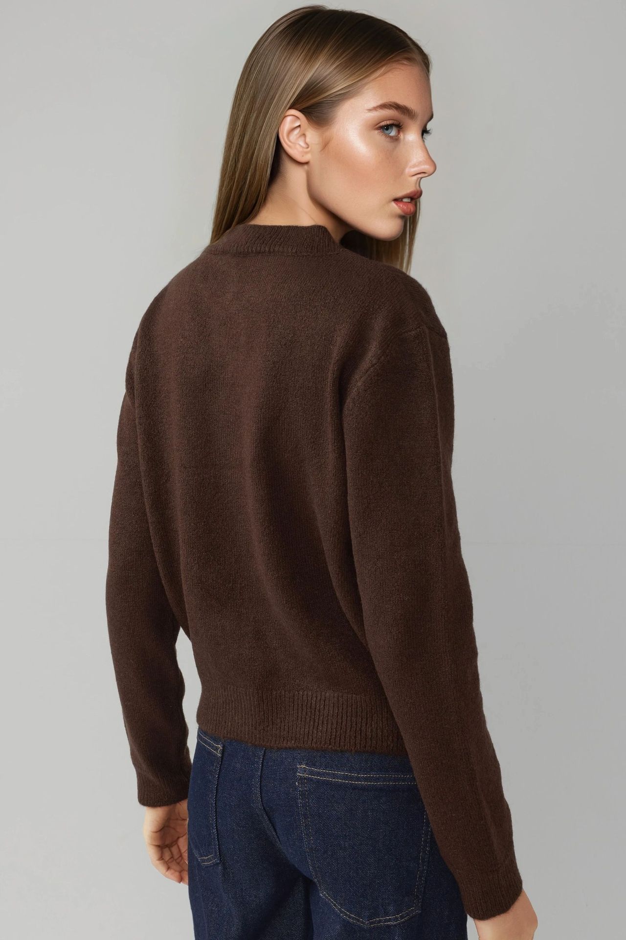 HiCCUP - Chestnut Brown Crew Neck Knitwear Soft Touch Cardigan Women