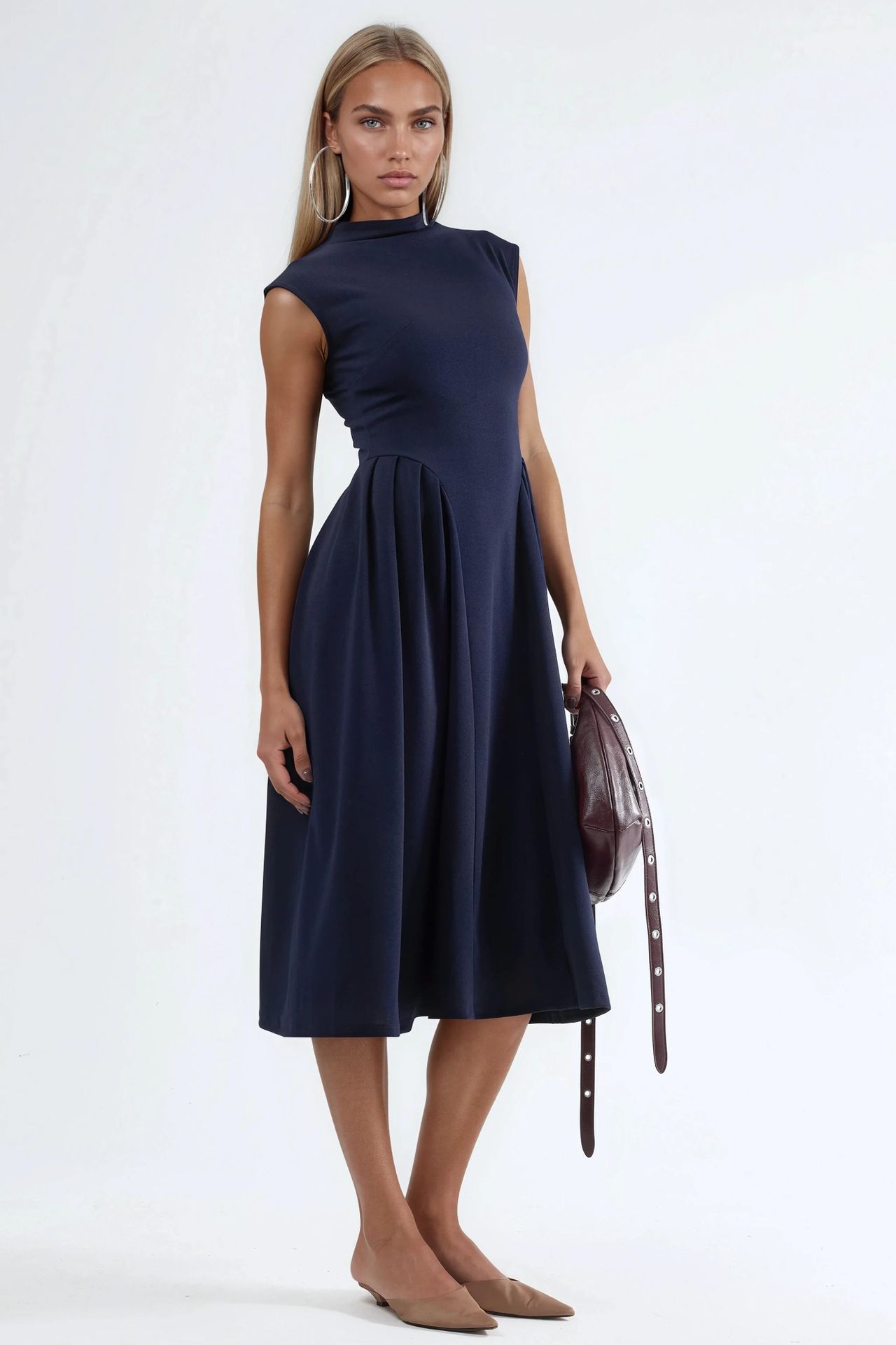 HiCCUP - Navy Blue Busem Textured Paneled Midi Dress Women