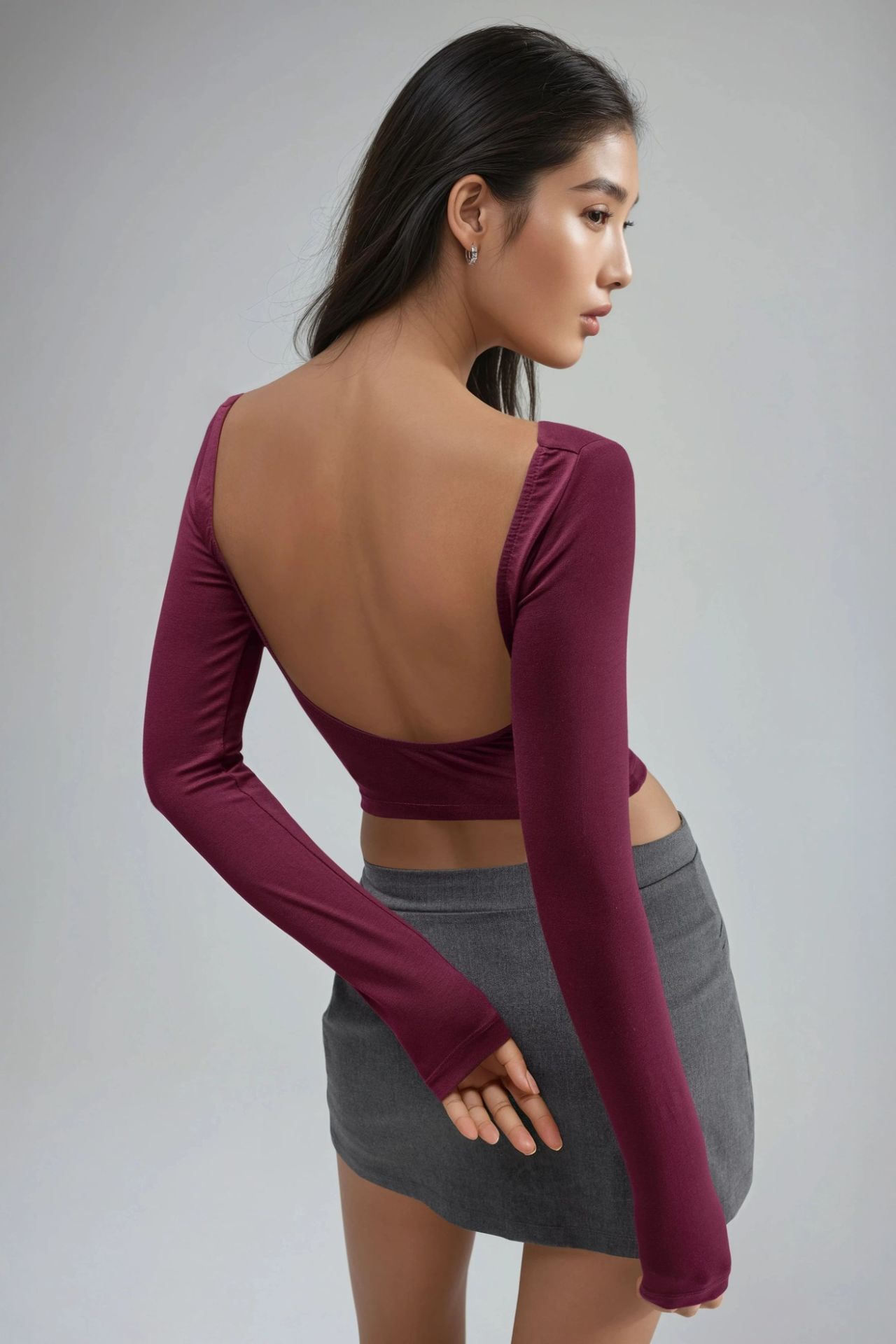HiCCUP - Burgundy Red Busem Slim Fit Cropped Blouse With Back Cut-out Women