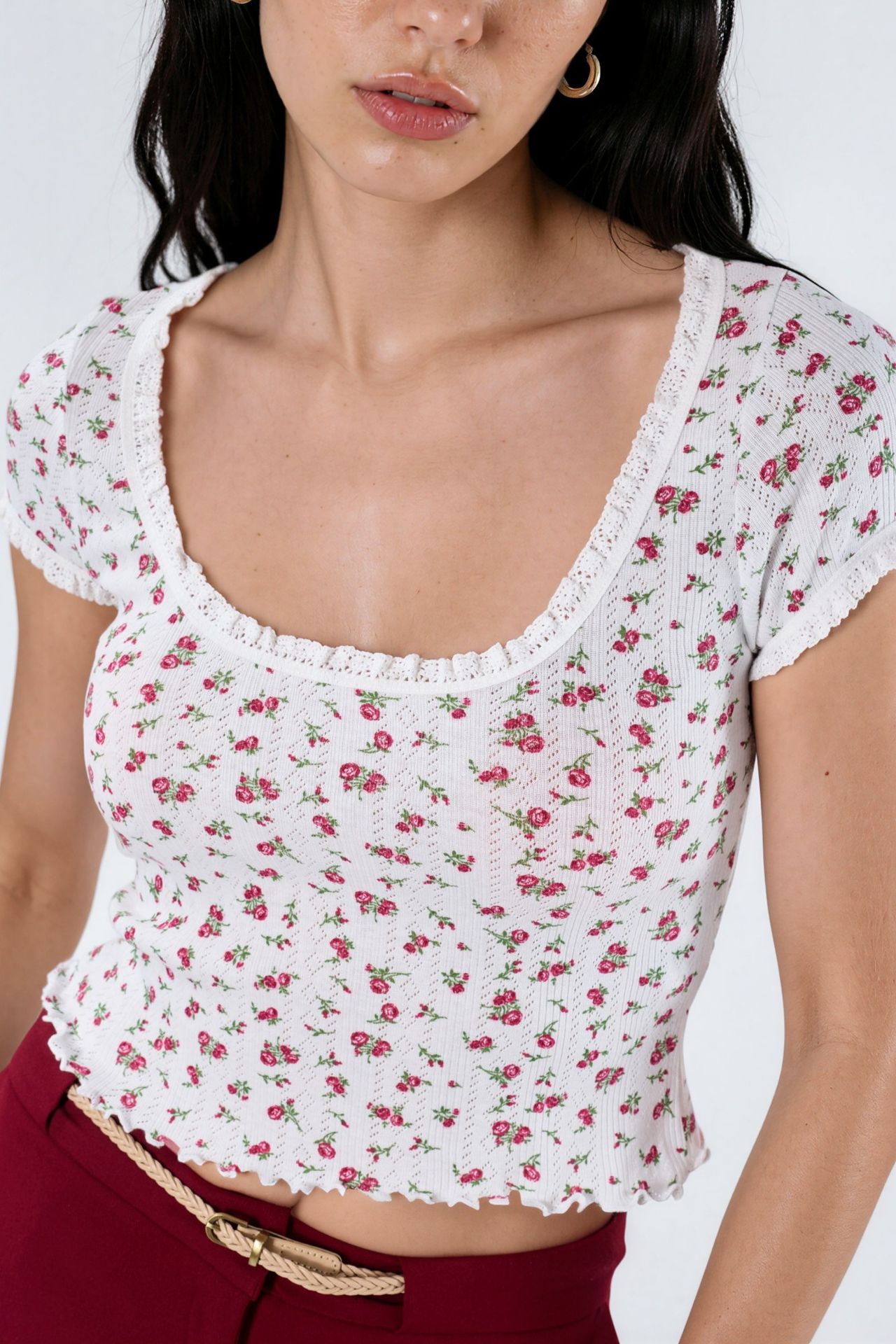 HiCCUP - White Busem Floral U Collar Frilly Blouse Women