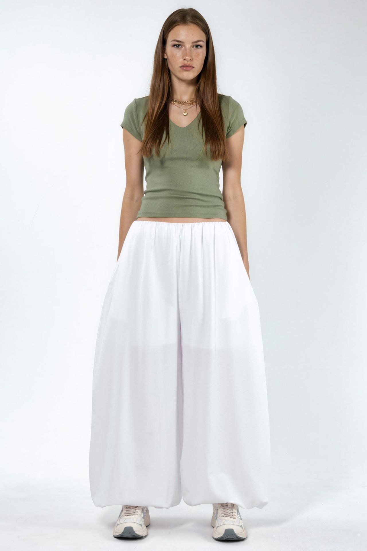 HiCCUP - White Busem Elastic Waist Balloon Pants Women