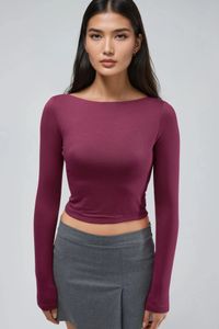 HiCCUP - Burgundy Red Busem Slim Fit Cropped Blouse With Back Cut-out Women