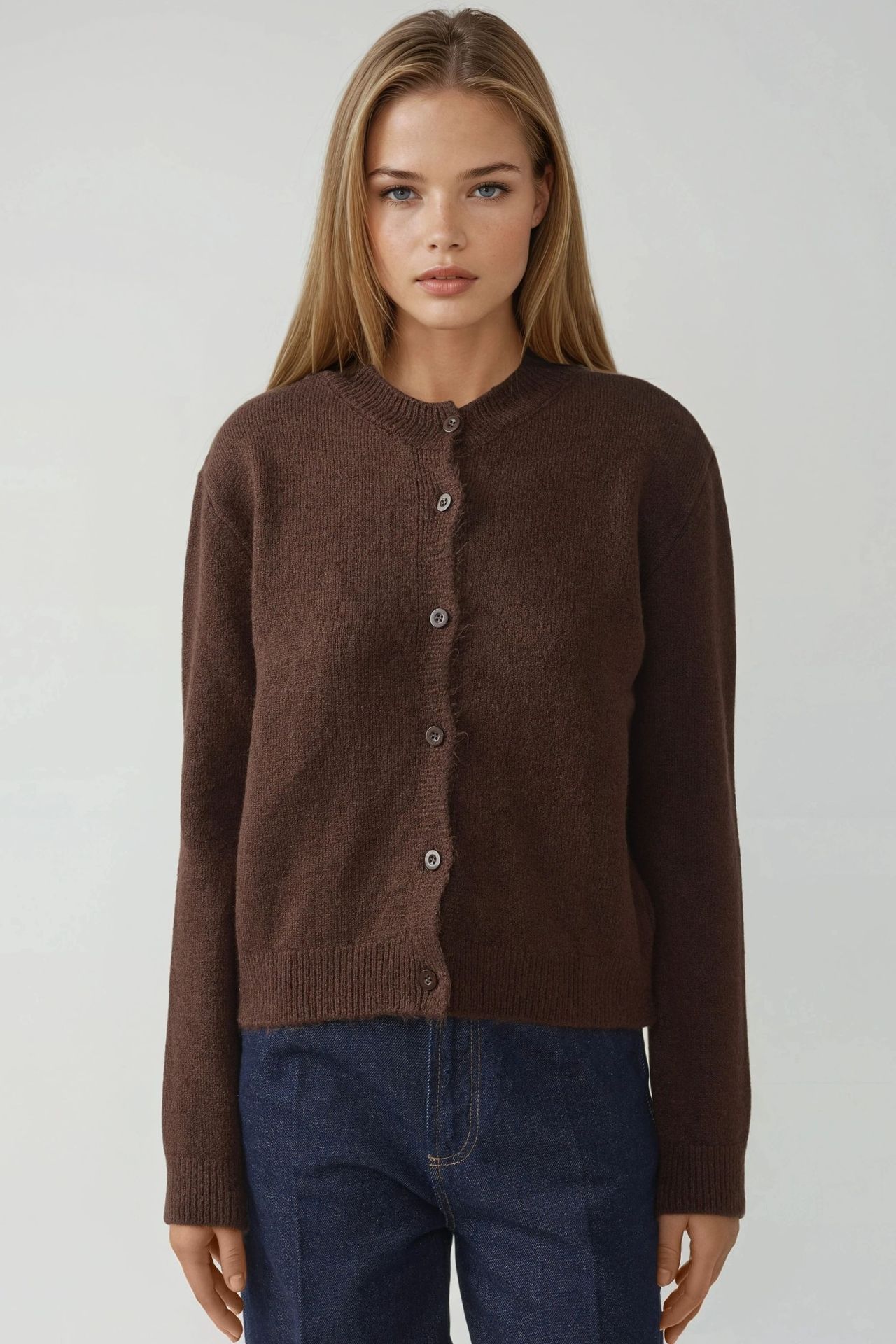 HiCCUP - Chestnut Brown Crew Neck Knitwear Soft Touch Cardigan Women
