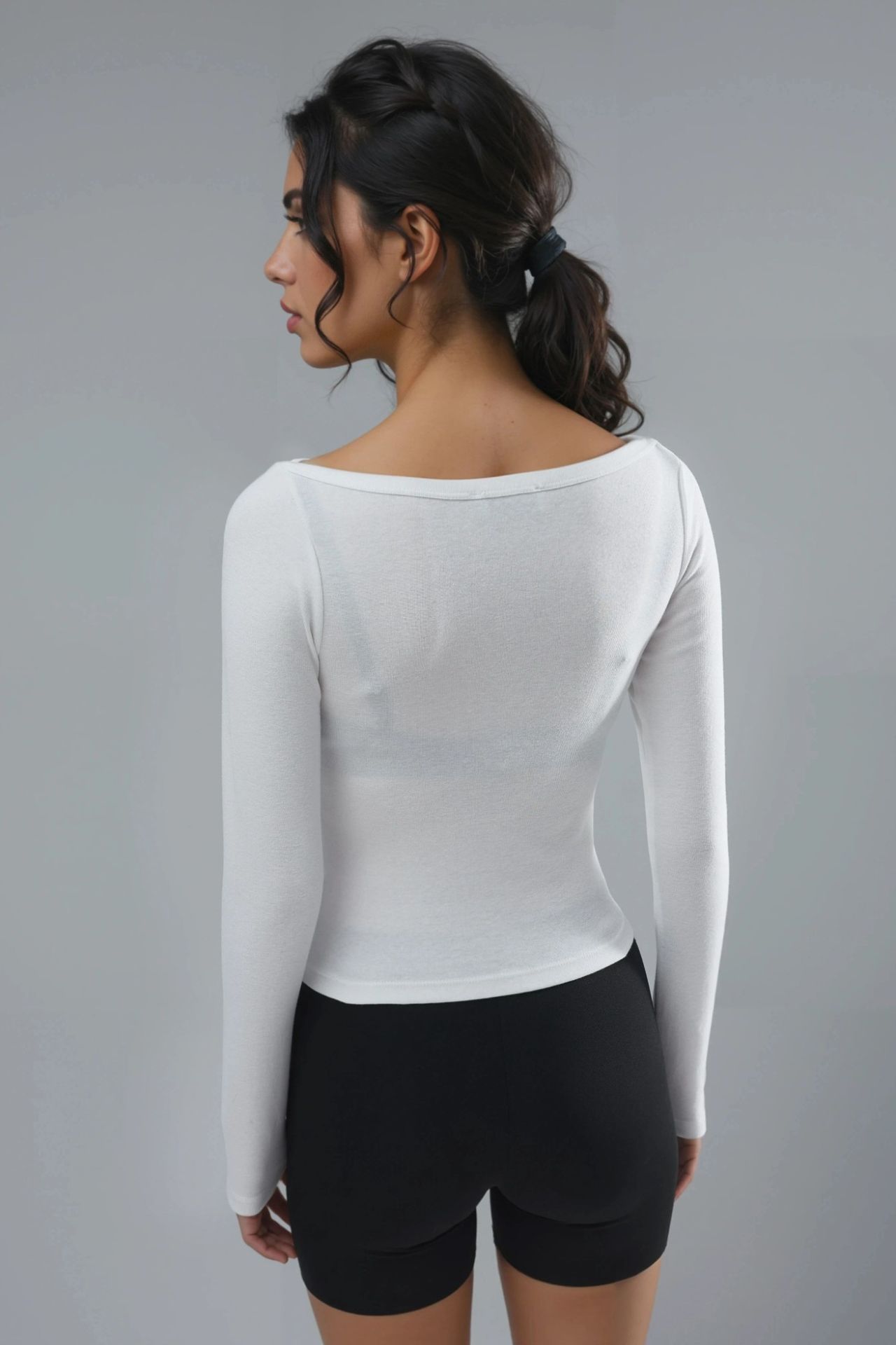 HiCCUP - White Busem Slim Fit Ribbed Boat Neck Blouse Women
