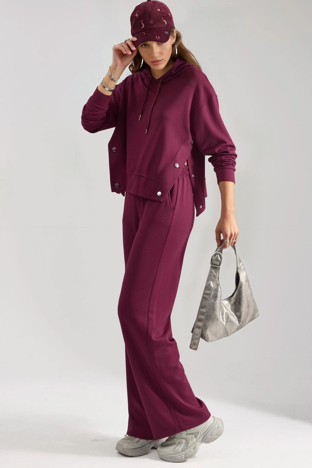 HiCCUP - Burgundy Red Modal Touch Hooded High Waist Wide Leg Two-piece ...