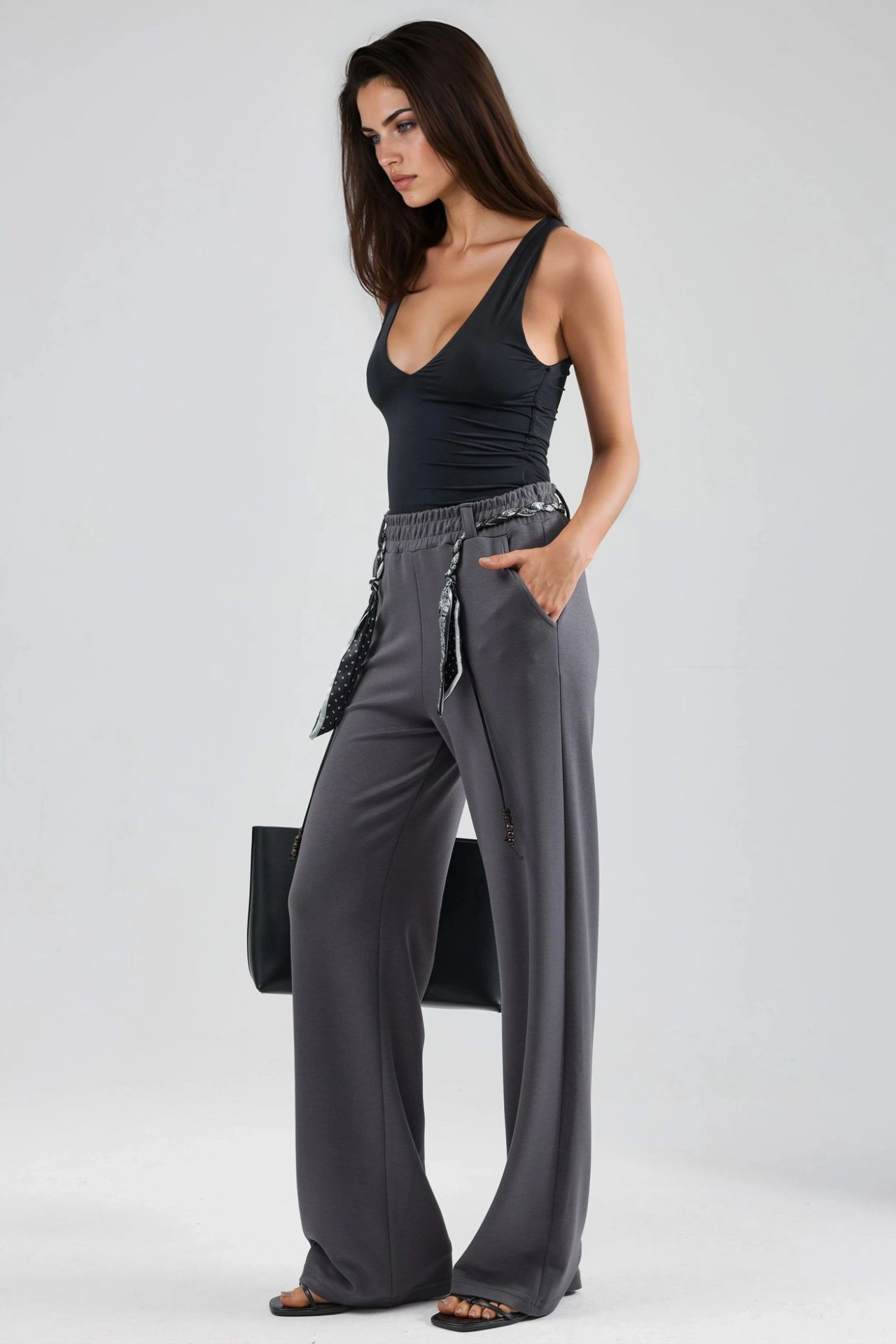 HiCCUP - Grey Modal Touch Belted High Waist Straight Leg Knit Pants ...