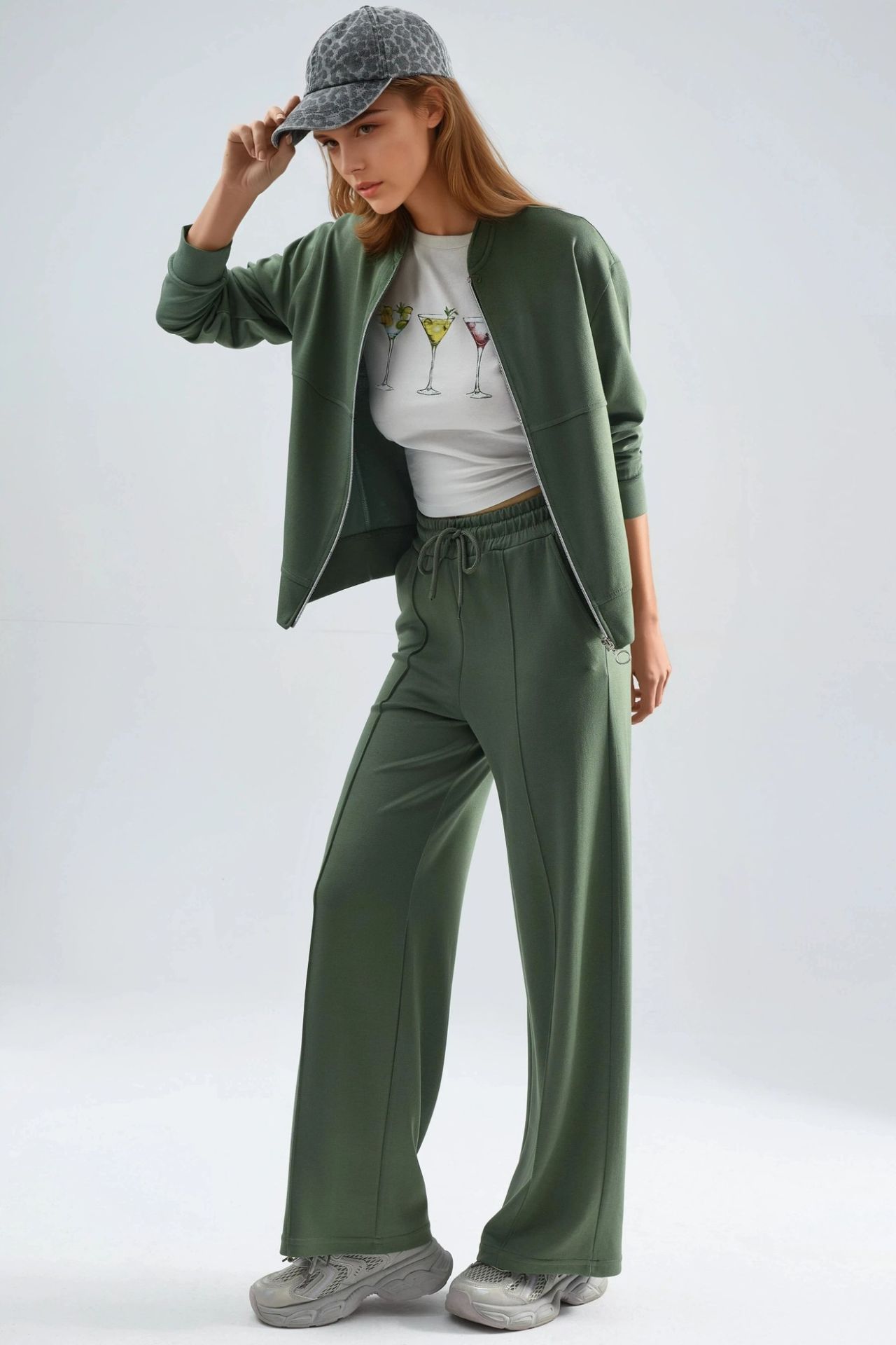 HiCCUP - Khaki Green Modal Touch Zippered Sweatshirt & Ribbed Pants Co ...