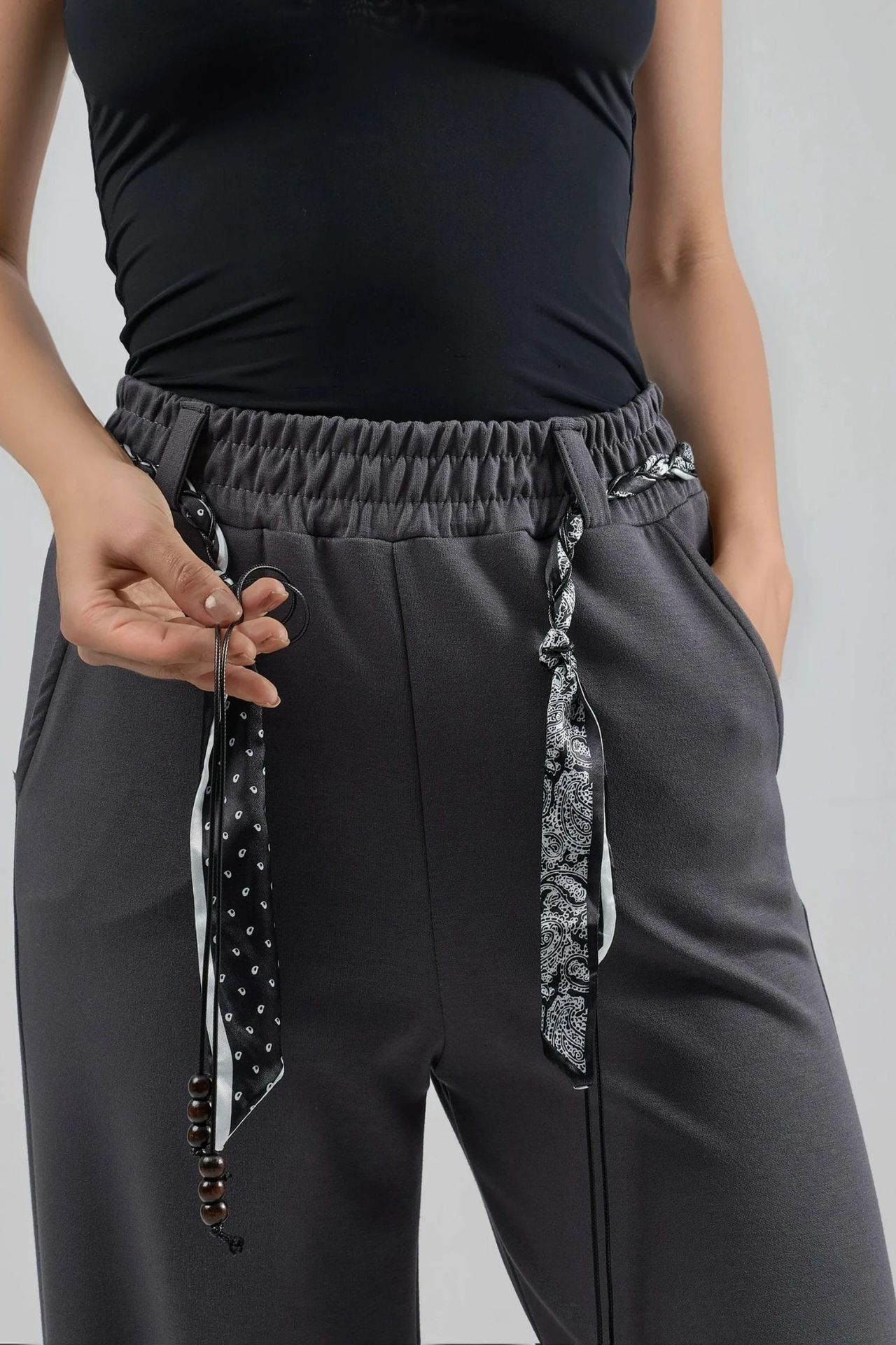 HiCCUP - Grey Modal Touch Belted High Waist Straight Leg Knit Pants ...