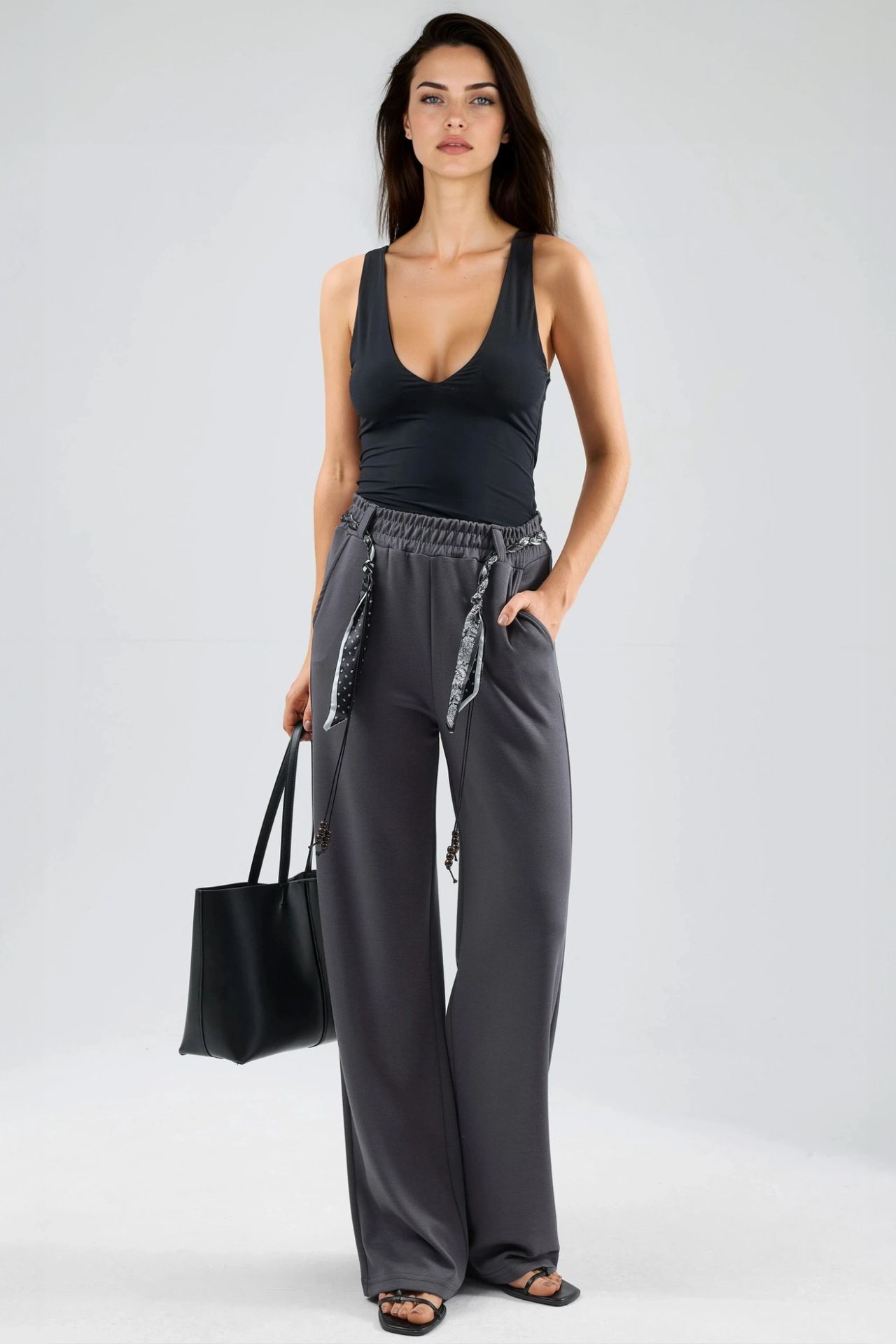 HiCCUP - Grey Modal Touch Belted High Waist Straight Leg Knit Pants ...