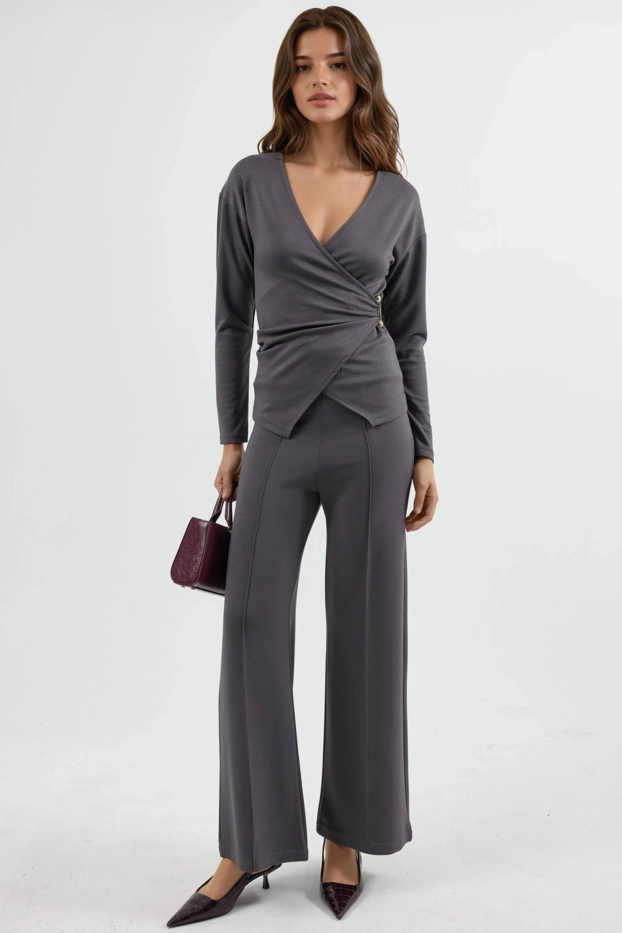 HiCCUP - Grey Accessory Detail Blouse & Pants Two-piece Set Bersan ...