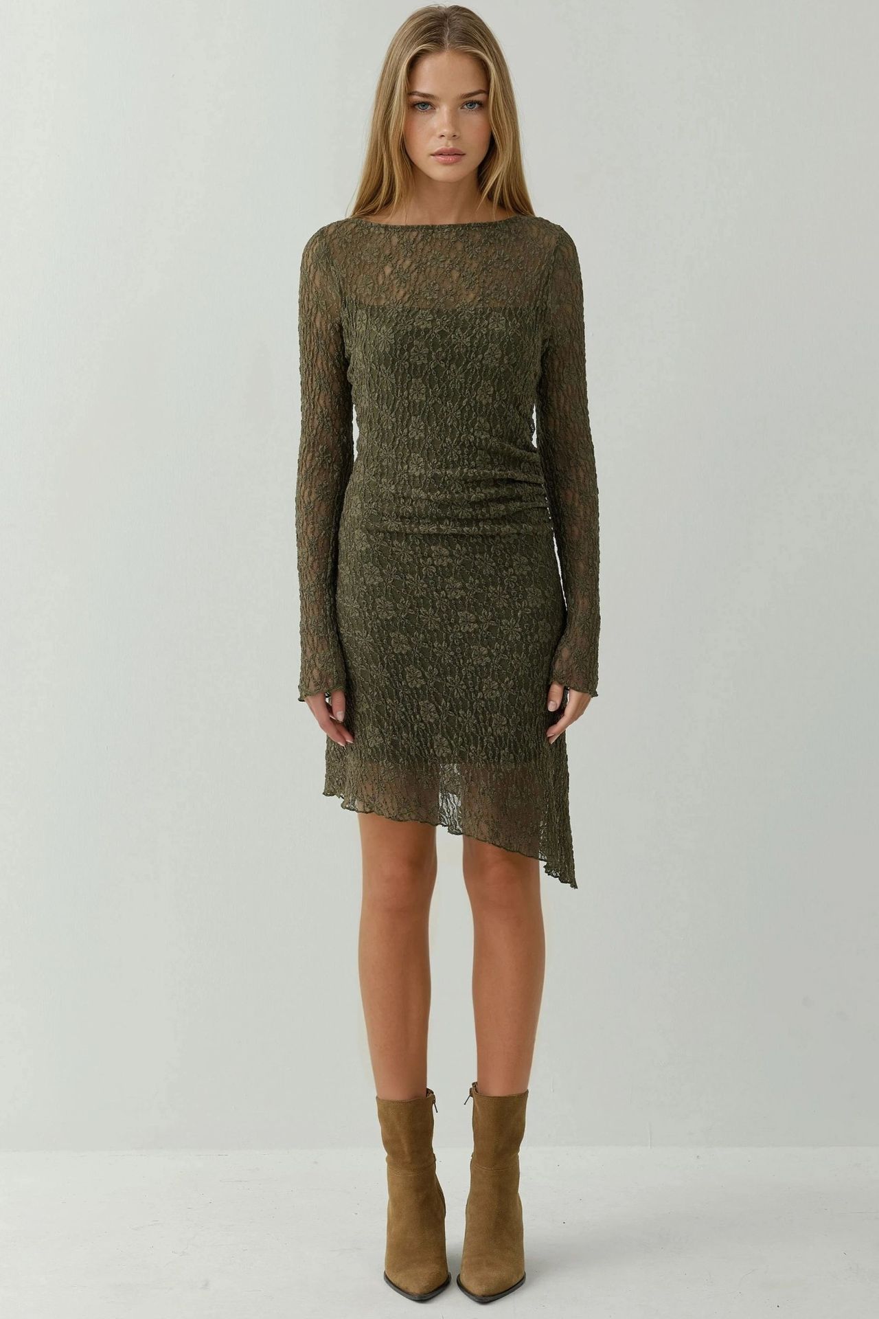 HiCCUP - Sage Green Asymmetric Lace Mini Dress With Boat Neck Women